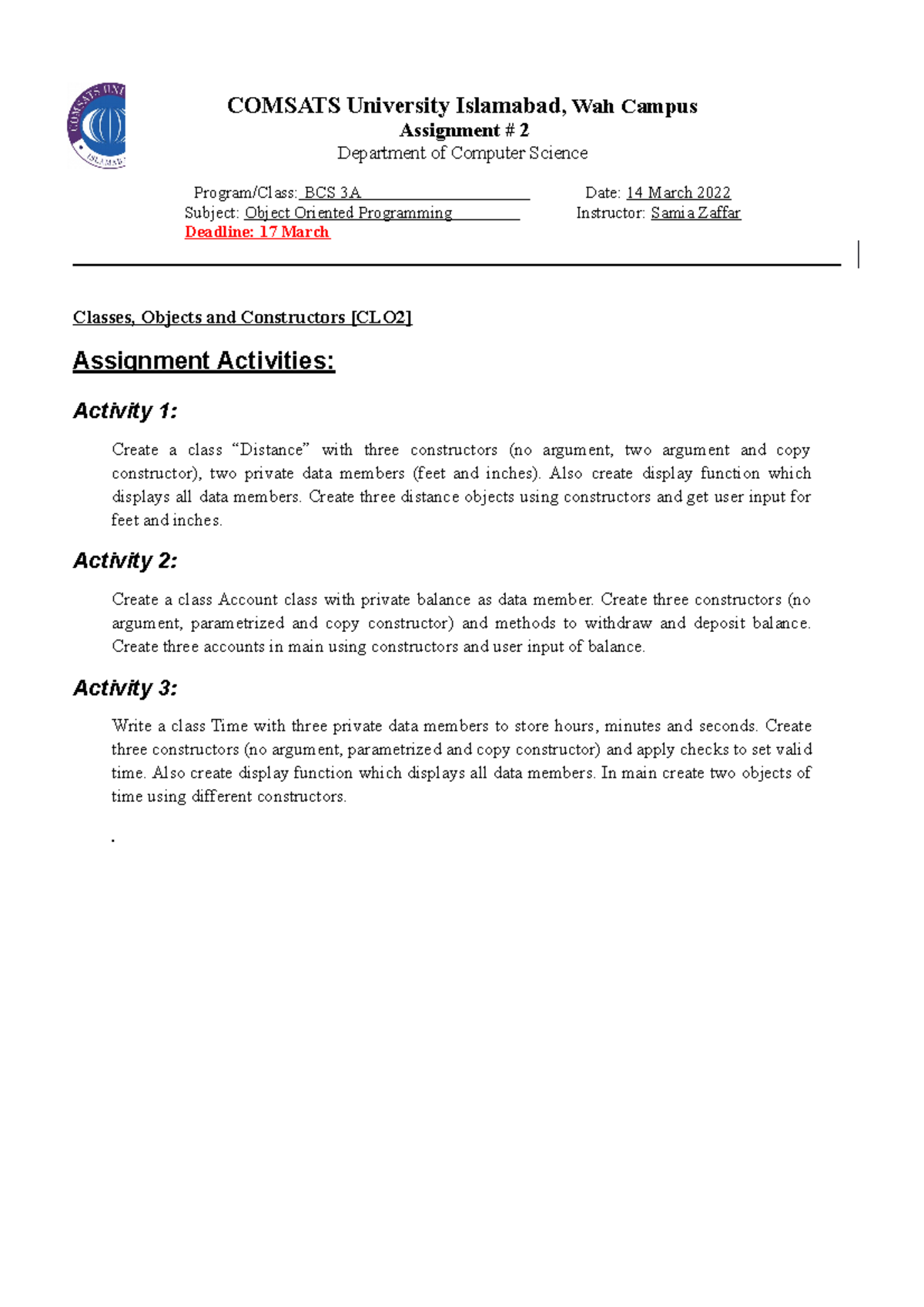 Assignment#2 - Assignment - COMSATS University Islamabad, Wah Campus Assignment # 2 Department ...