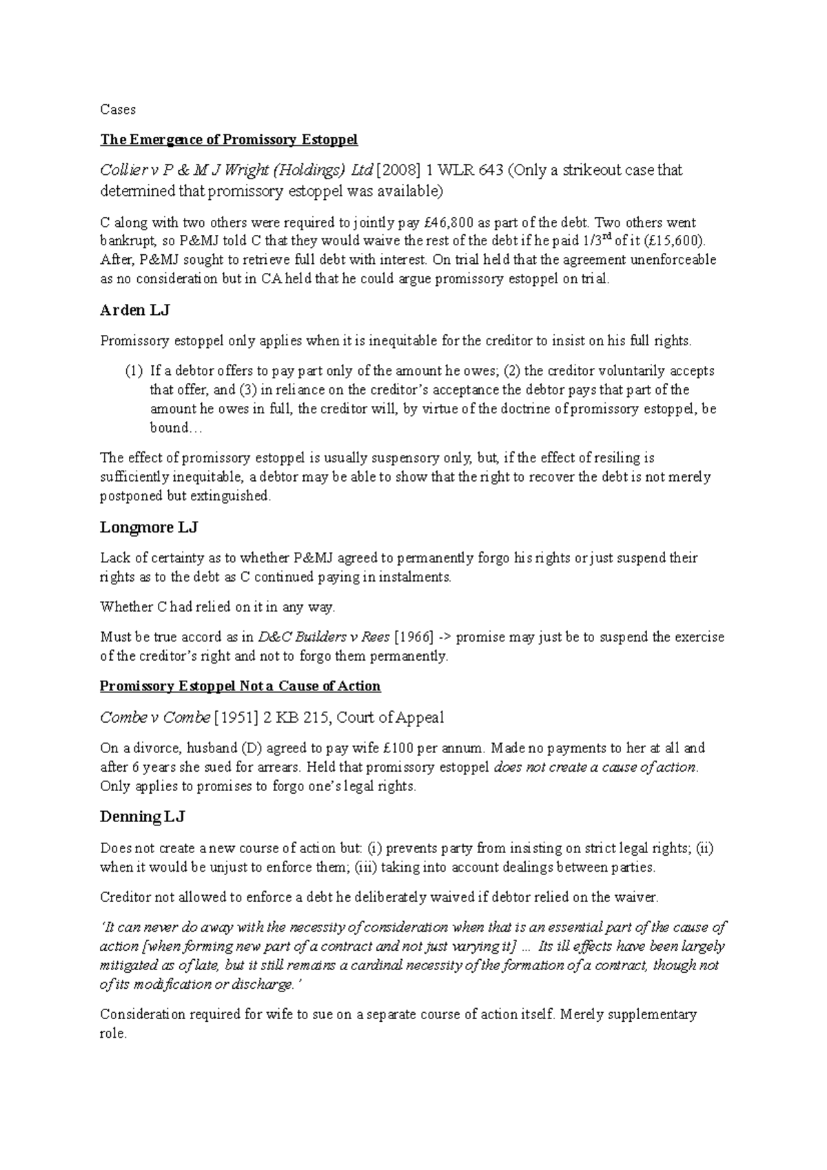 Promissory Estoppel - Cases The Emergence of Promissory Estoppel ...