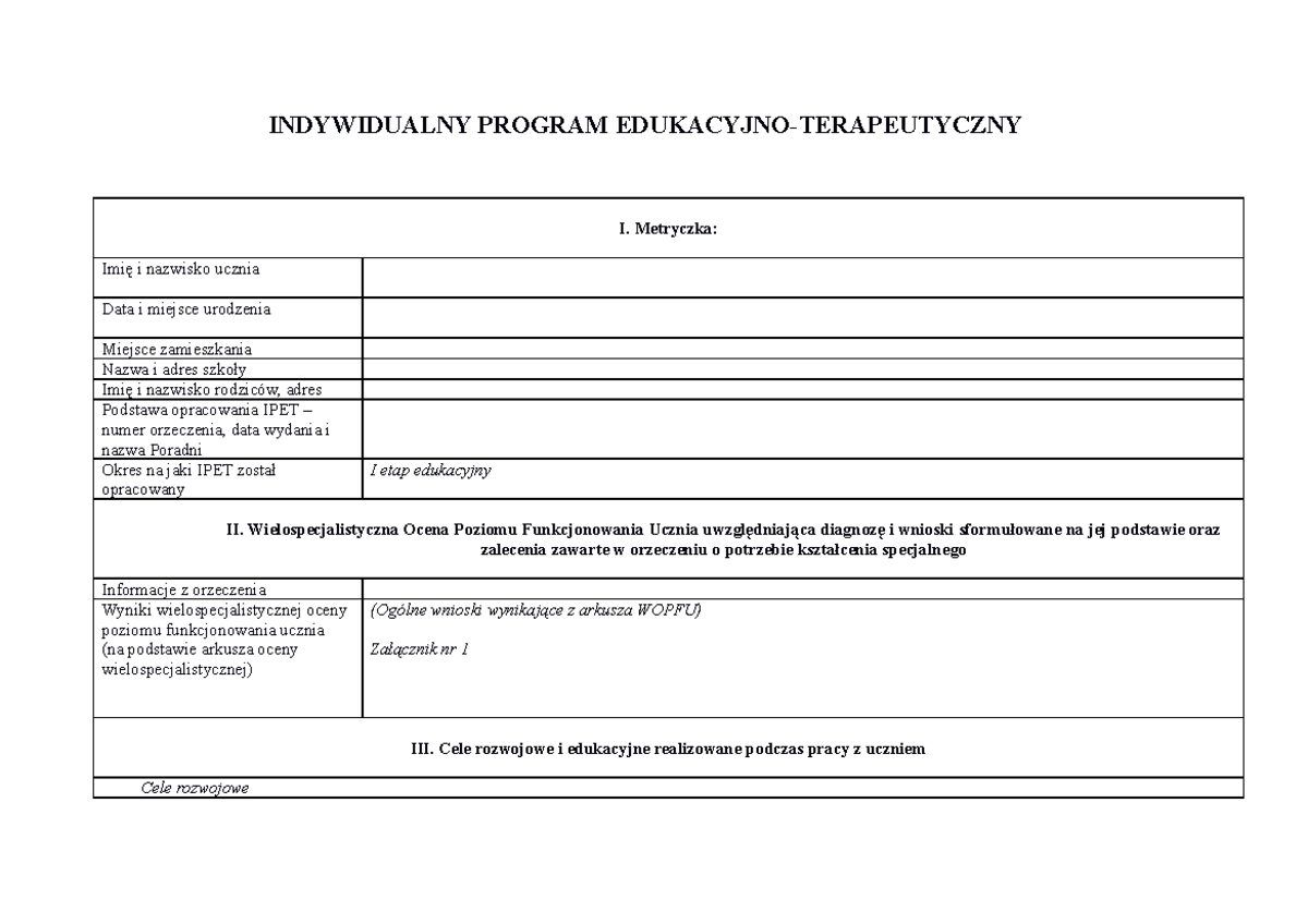IPET sp4 - INDYWIDUALNY PROGRAM EDUKACYJNO-TERAPEUTYCZNY I. Metryczka ...