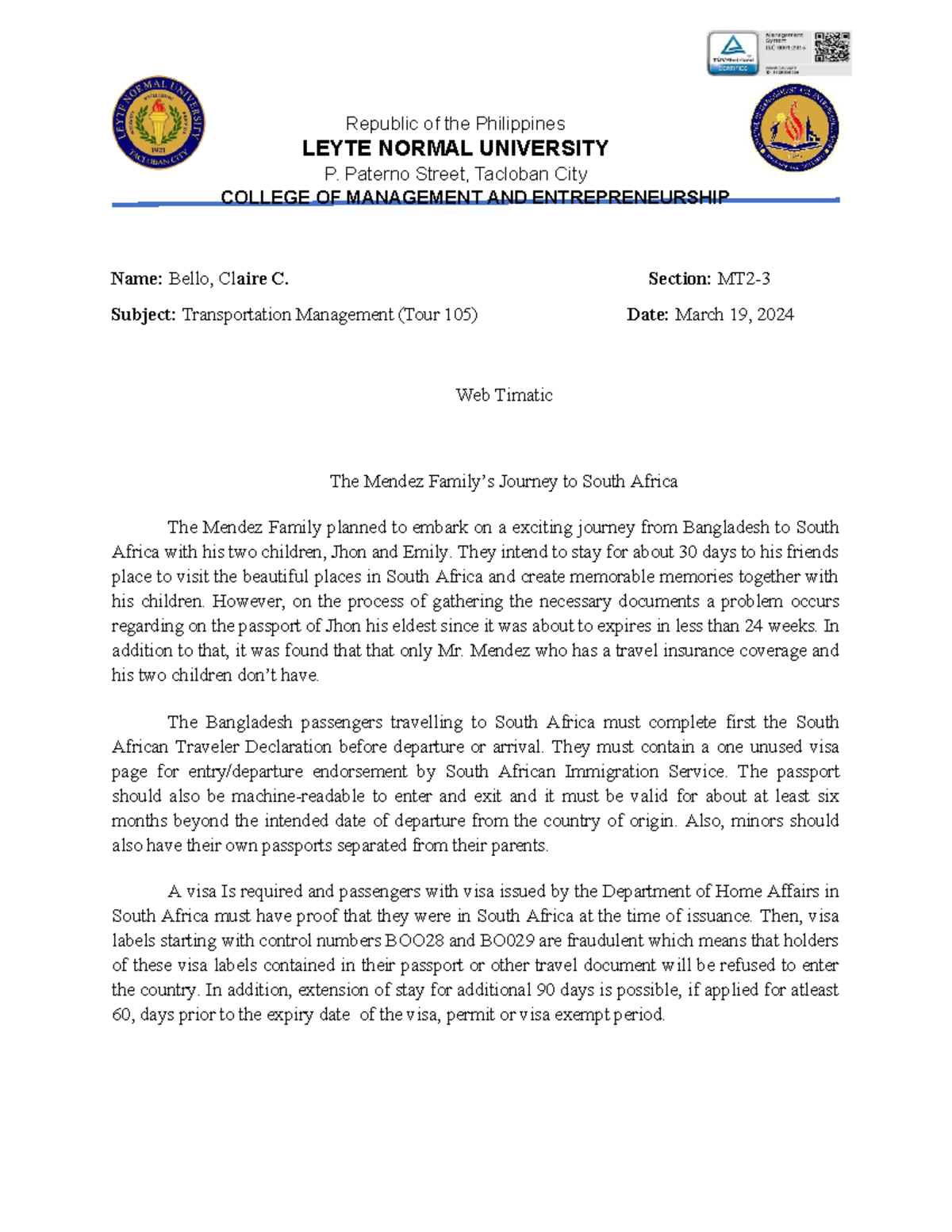 Bello WEB Timatic - Republic of the Philippines LEYTE NORMAL UNIVERSITY ...