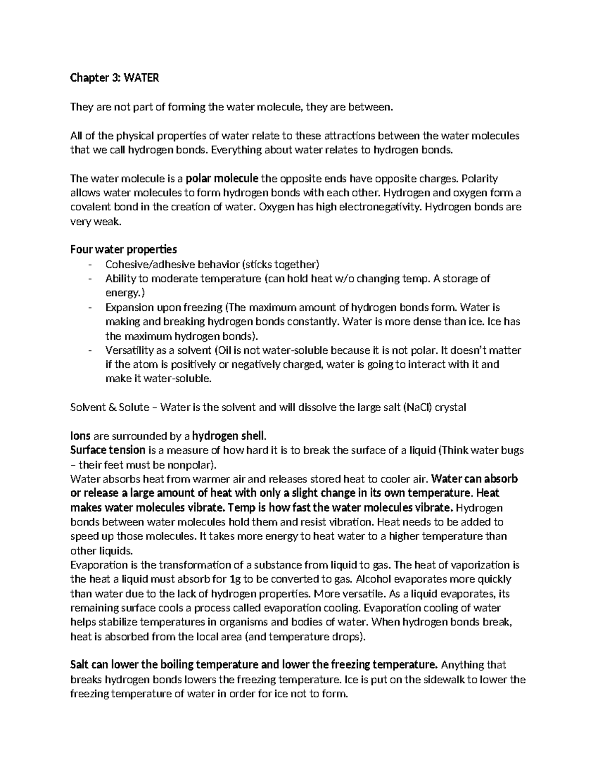 Chapter 3 Bio - Lecture notes - Chapter 3: WATER They are not part of ...