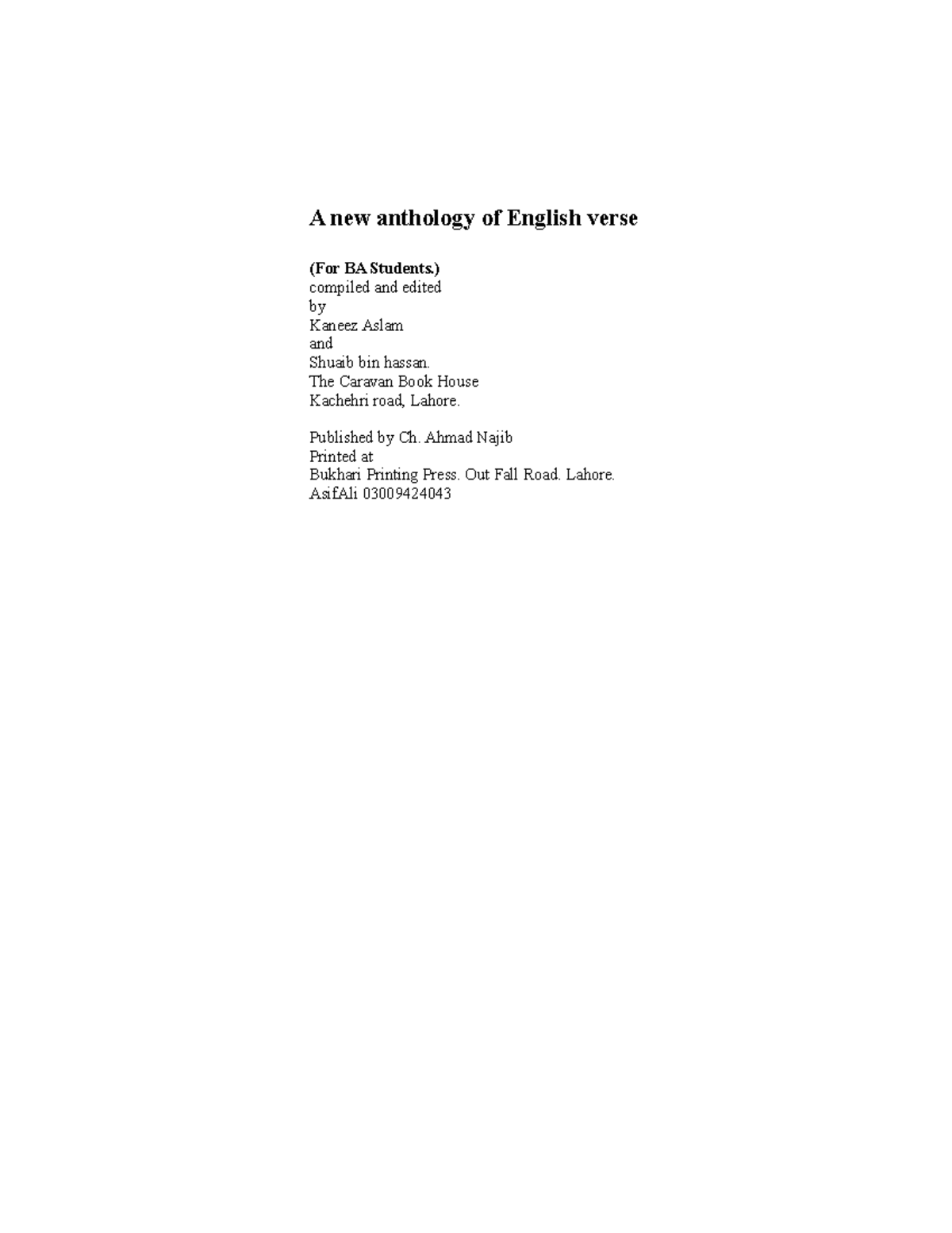 A new anthology of English verse - ) compiled and edited by Kaneez ...