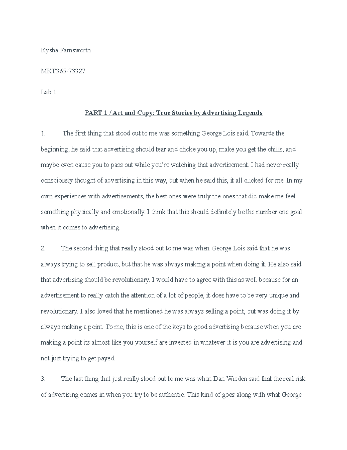 Mkt365 Lab 1 - Lab Assignment 1 - Kysha Farnsworth MKT365- Lab 1 PART 1 / Art and Copy: True ...