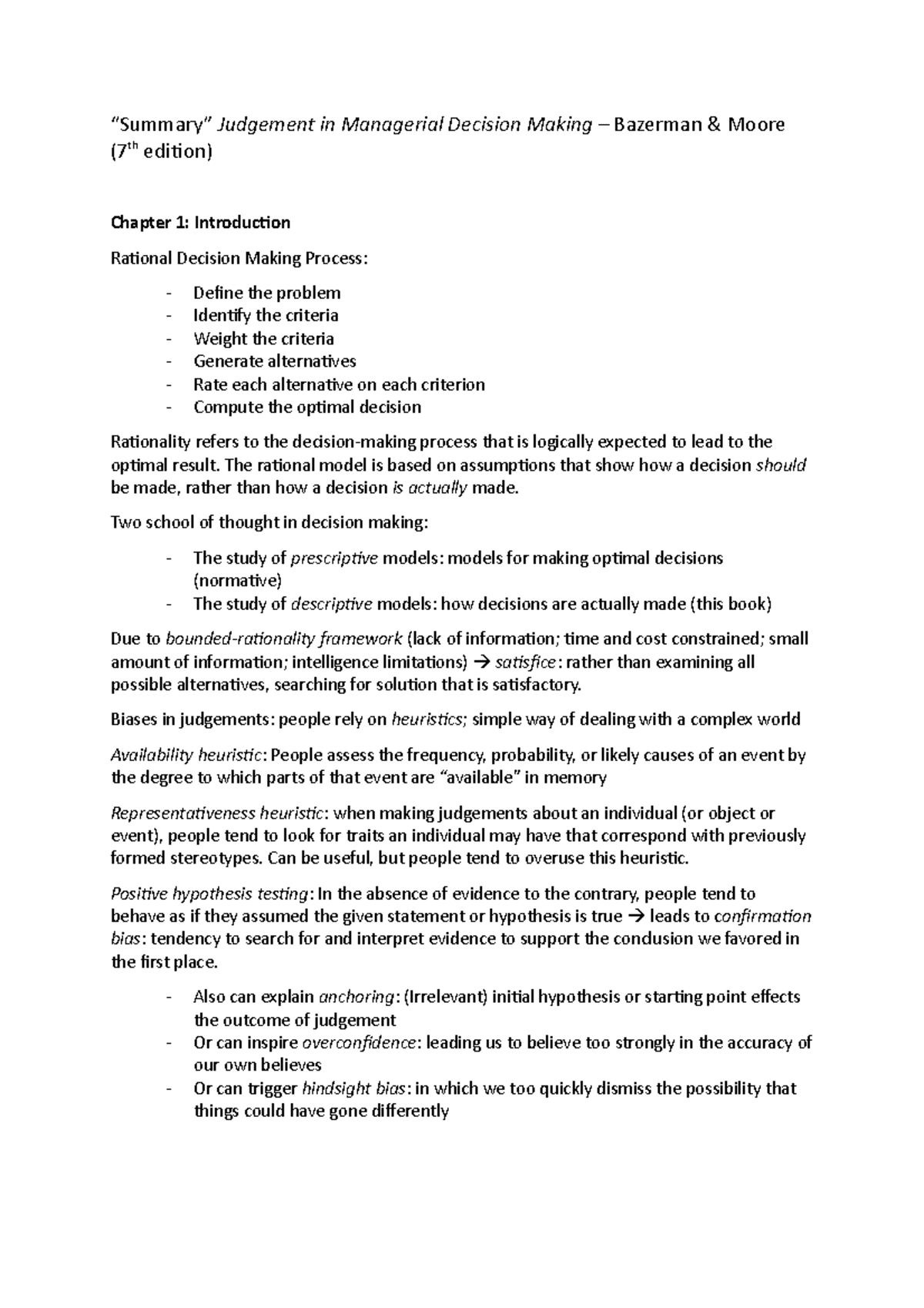Summary Judgement In Managerial Decision Making Chapter 1 6 Summary summary-judgement-in-managerial-decision-making-chapter-1-6-summary