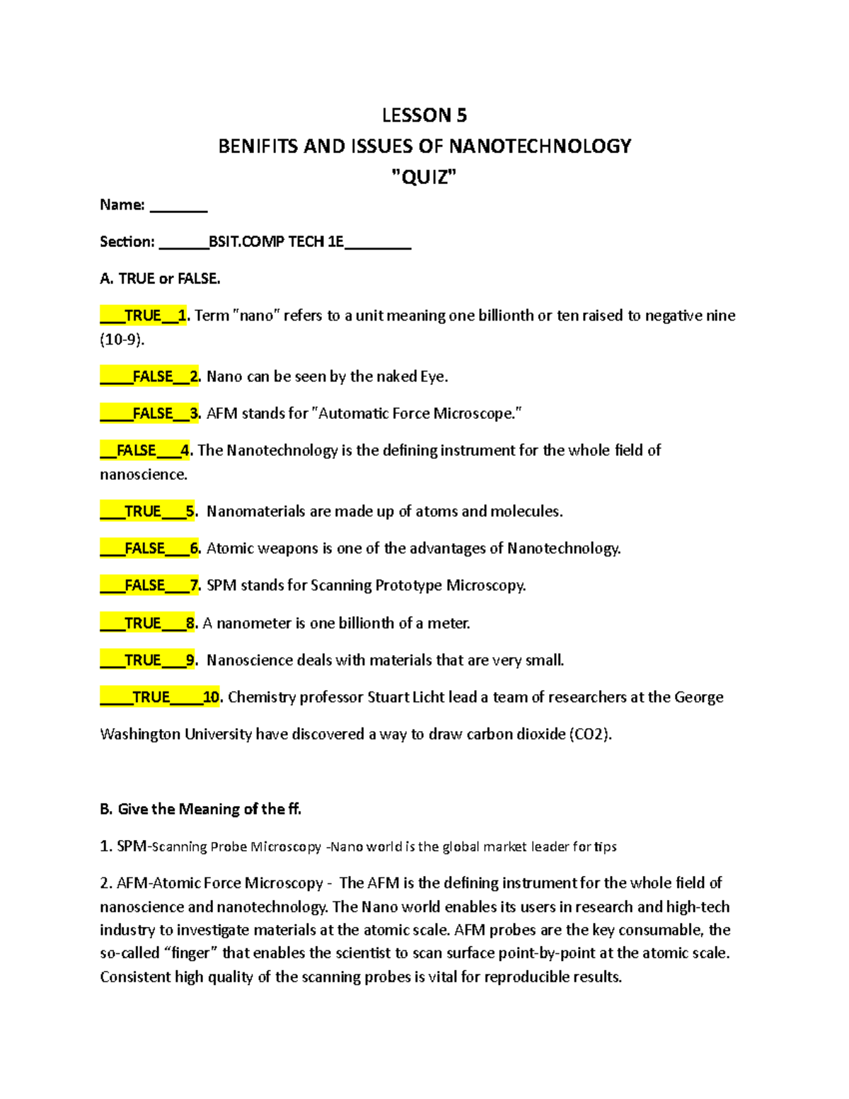 Lesson-5-QUIZ - Nanotech - LESSON 5 BENIFITS AND ISSUES OF ...
