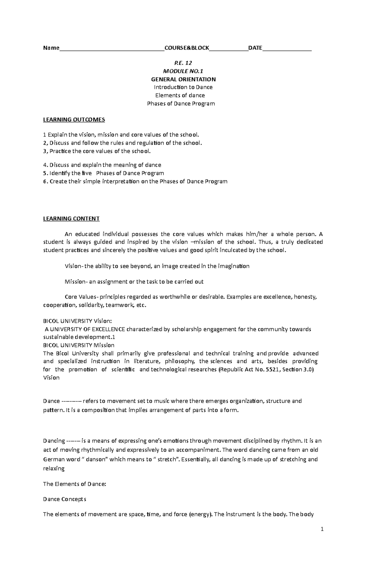 Module 1 P.E. 12 - P. 12 MODULE NO GENERAL ORIENTATION Introduction to ...