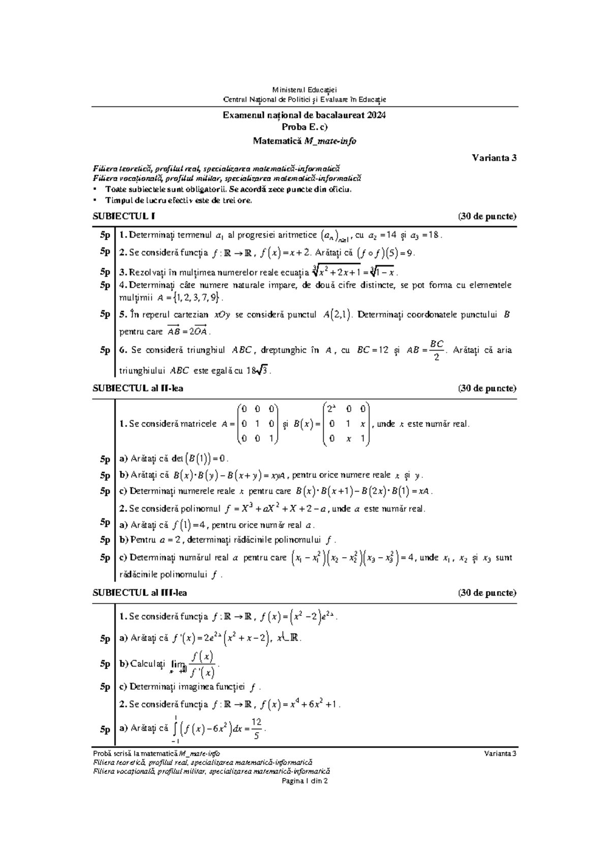 Model Bac m1 Matematica 2024 August - Ministerul Educației Centrul ...