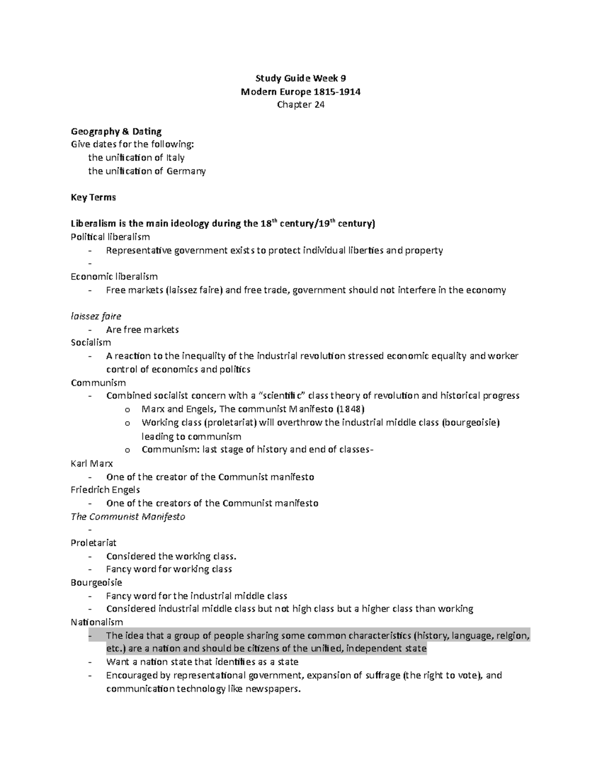 Study Guide Week 9 Modern Europe 1815-1914 - Study Guide Week 9 Modern ...