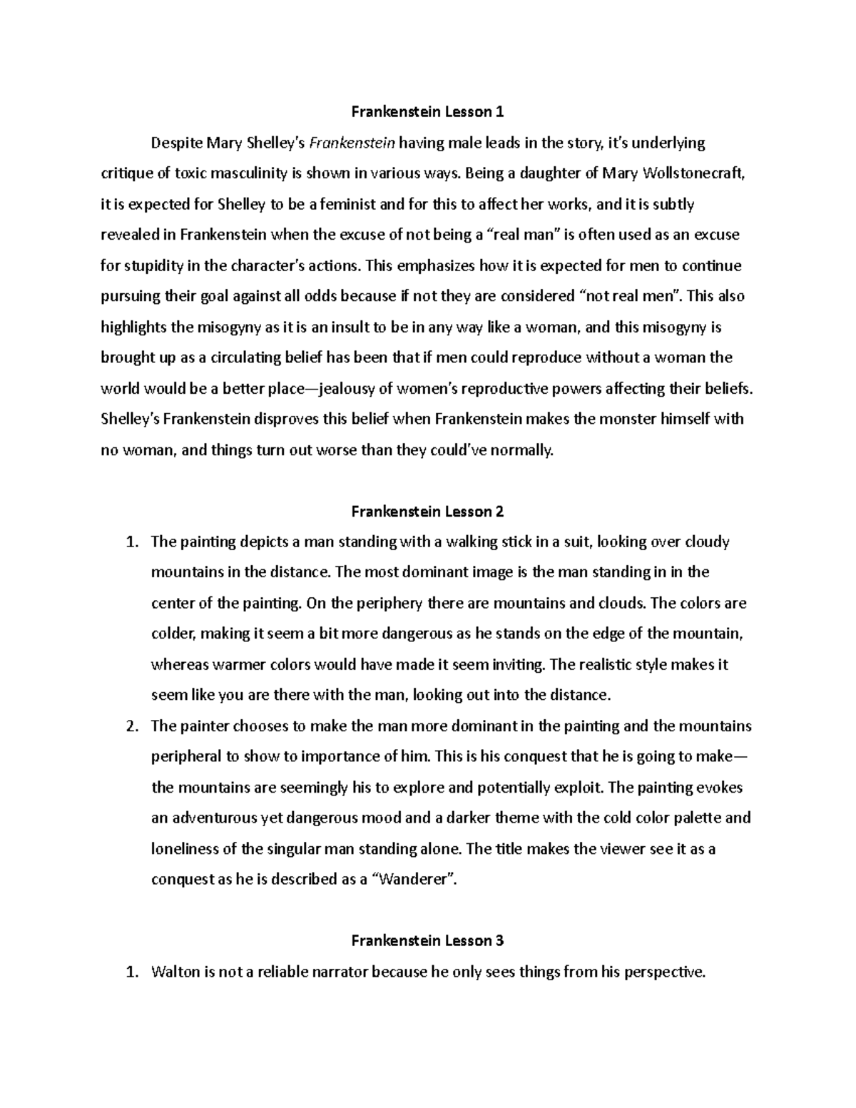 Frankenstein Lessons 1-5, missing 6-7 - Frankenstein Lesson 1 Despite ...