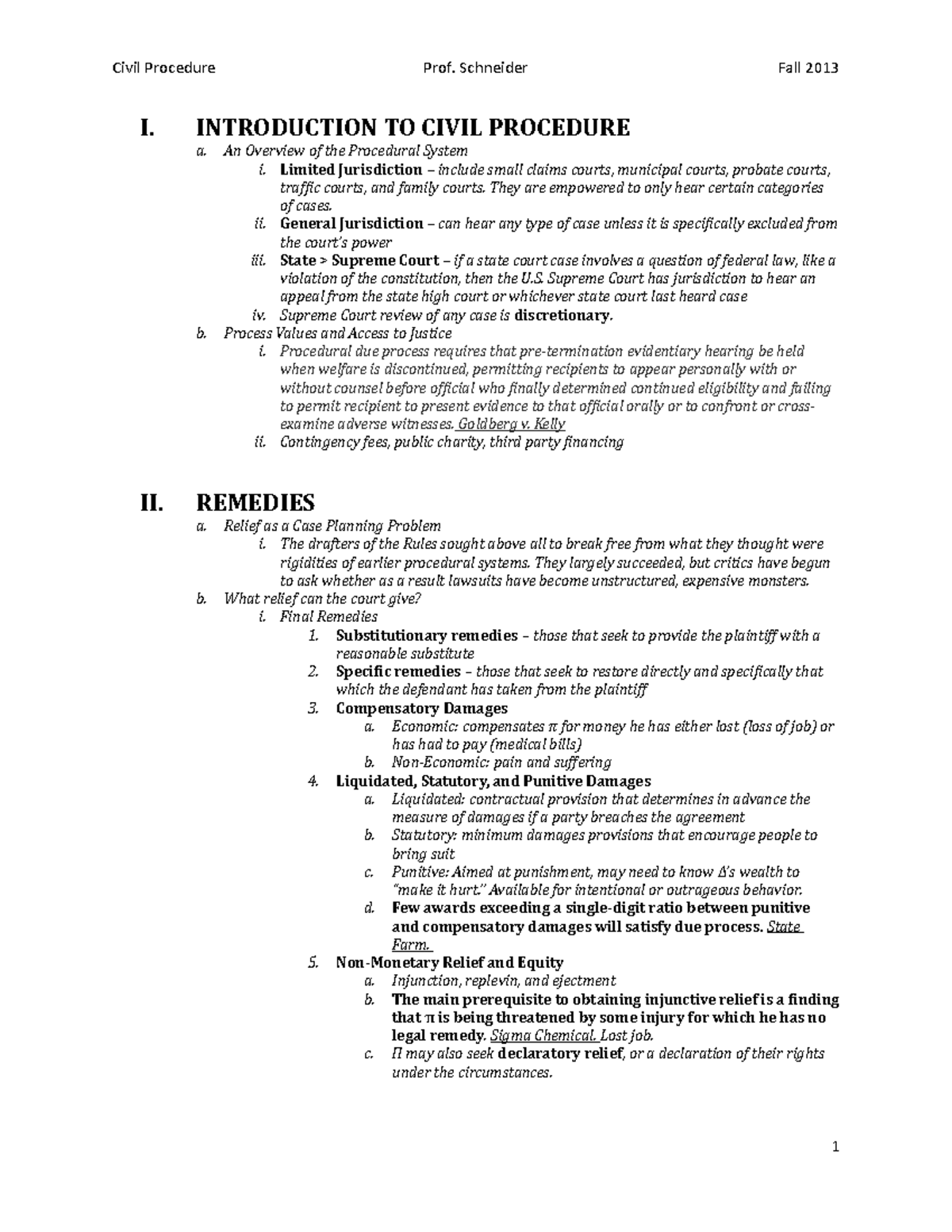 Civil Procedure Schneider Outline 2013 - I. INTRODUCTION TO CIVIL ...