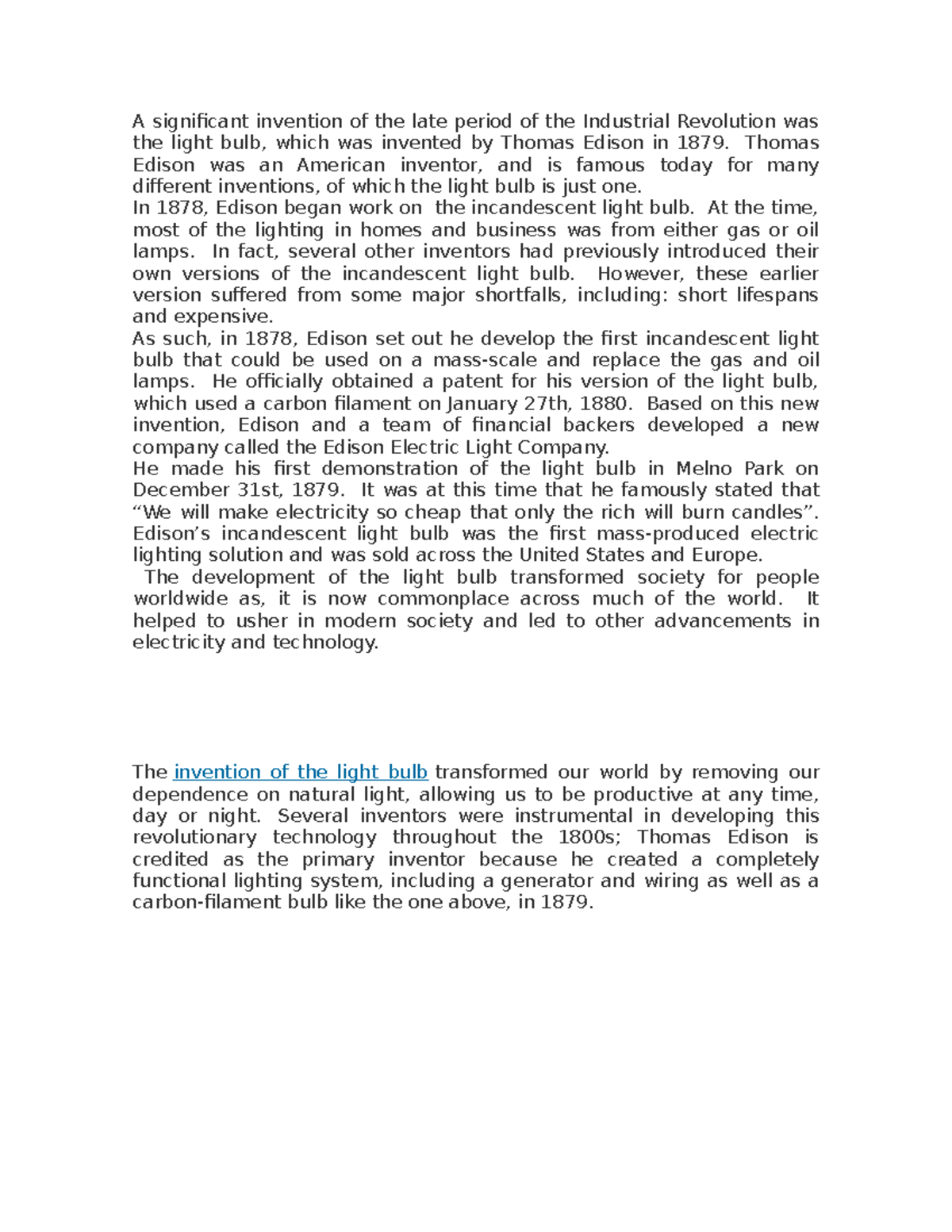 Light bulb - A significant invention of the late period of the ...