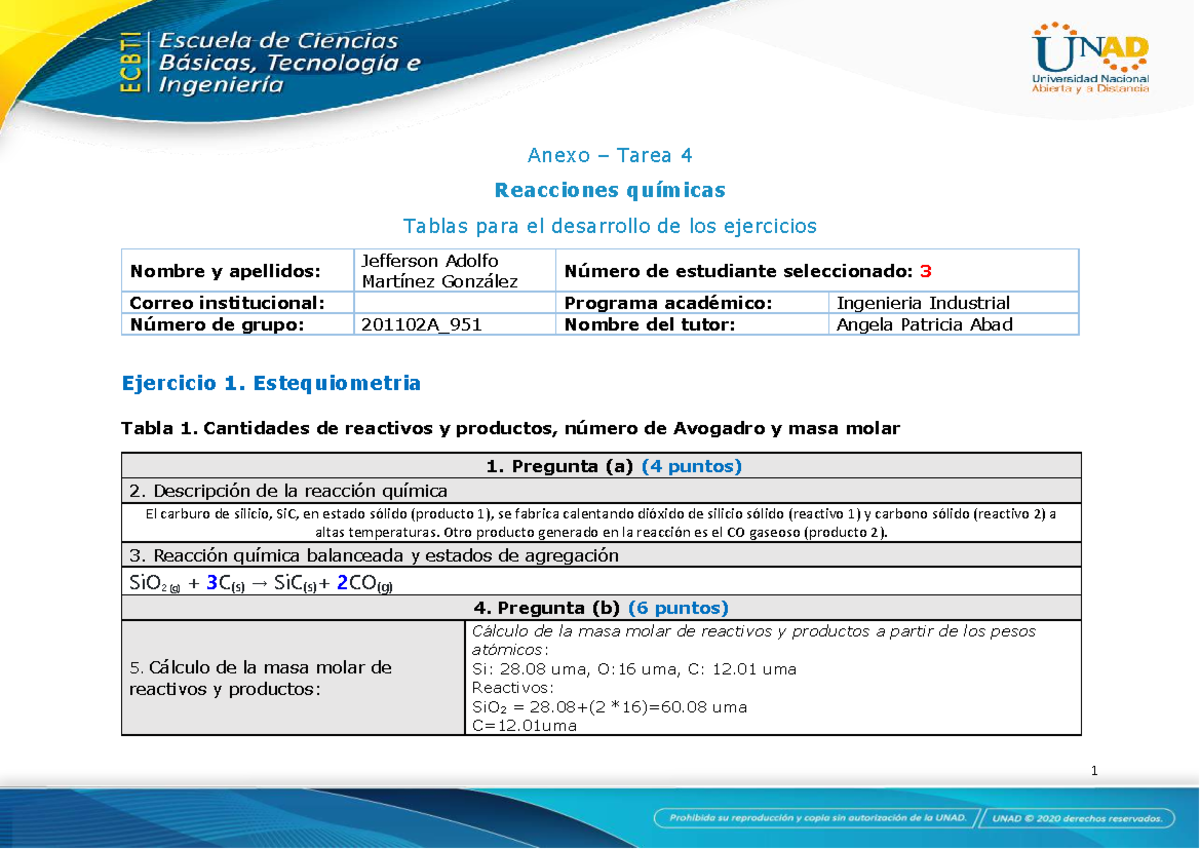 Tarea 4 Reacciones Quimicas - Anexo – Tarea 4 Reacciones químicas Tablas para el desarrollo de ...