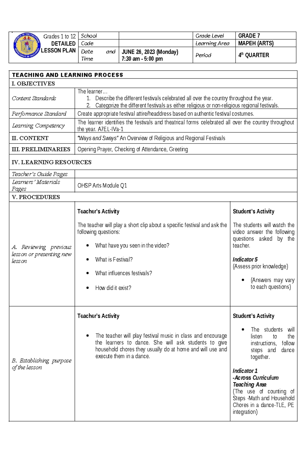 J - MAPEH - TEACHING AND LEARNING PROCESS I. OBJECTIVES Content ...