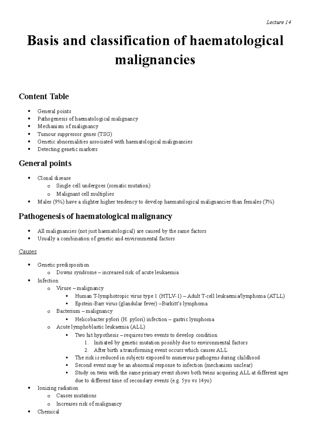 Lecture 14 - Lecture 14 Basis and classification of haematological ...