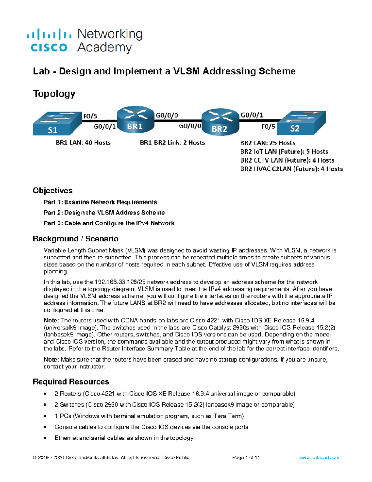 Lab - Design and Implement a VLSM Addressing Scheme Student CAns - Topology Objectives Part 1 ...