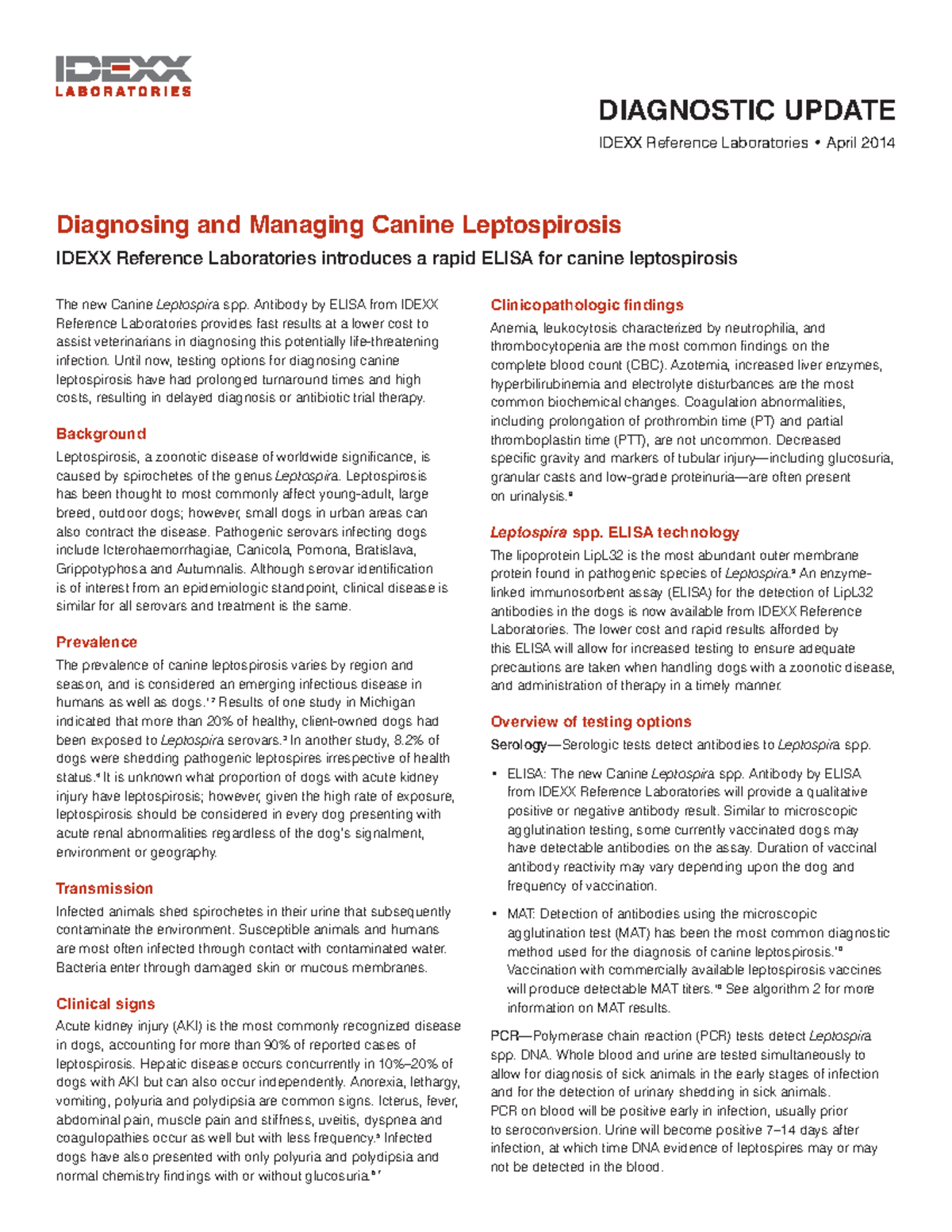 Canine leptospirosis test dx update - DIAGNOSTIC UPDATE IDEXX Reference ...