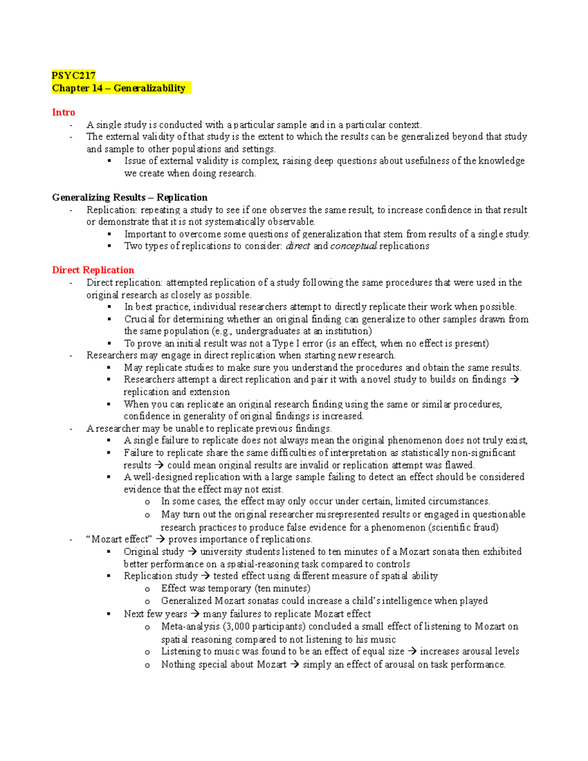 PSYC217 Chapter 14 - Generalizability - PSYC Chapter 14 – Generalizability Intro - A single ...