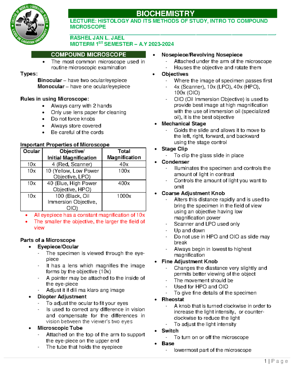 Microscope - 1 | P a g e BIOCHEMISTRY LECTURE: HISTOLOGY AND ITS ...