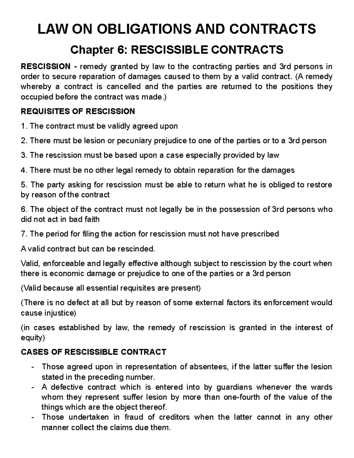 Contracts Summary - LAW ON OBLIGATIONS AND CONTRACTS Chapter 6 ...