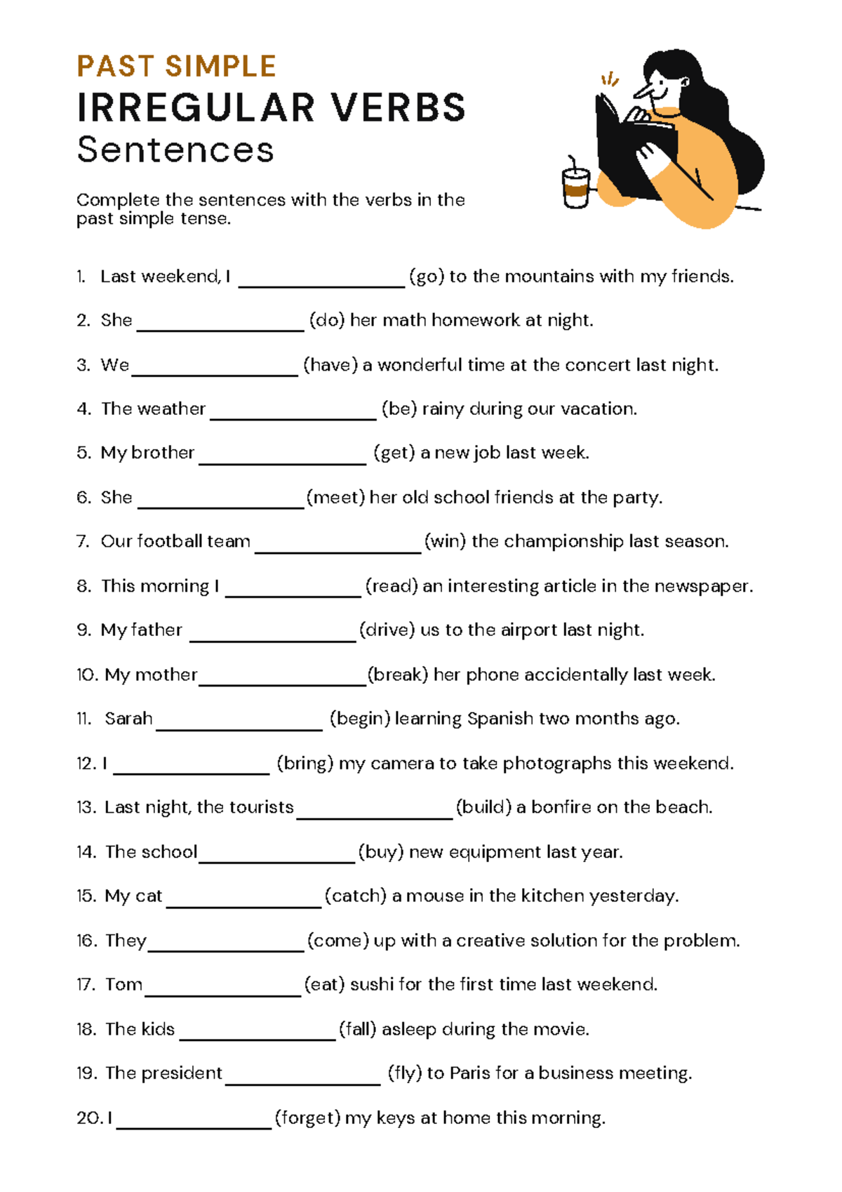 Past Simple Irregular Verbs Fill In Activity Worksheet In Yellow White ...