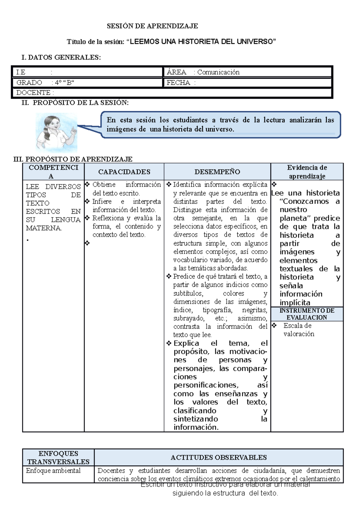 Sesión Comunicación Leemos UNA Historieta - SESIÓN DE APRENDIZAJE Título de la sesión: “LEEMOS ...