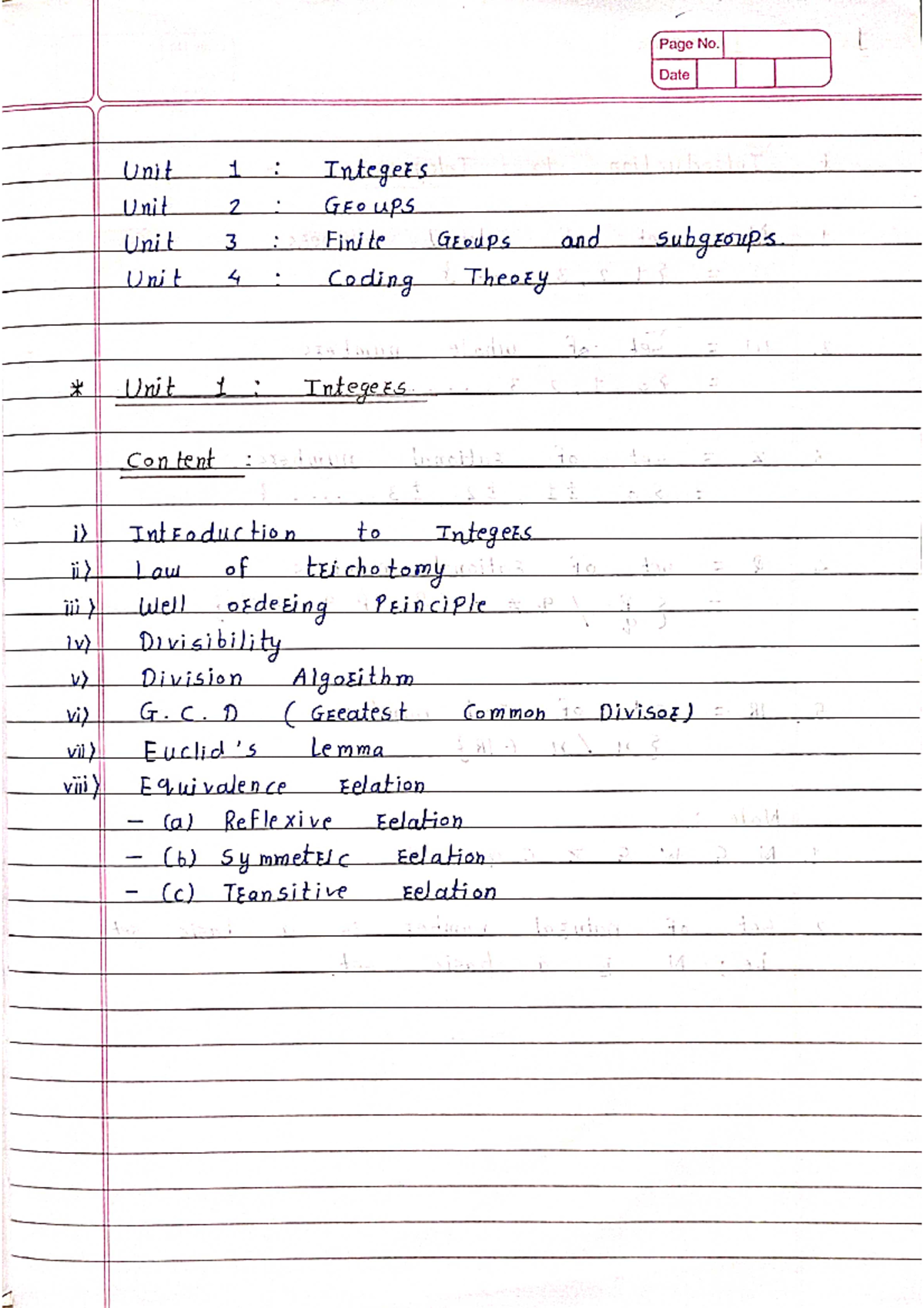 Groups and coding theory - Page No. Date Unit 1 : Integets Unit 2 ...