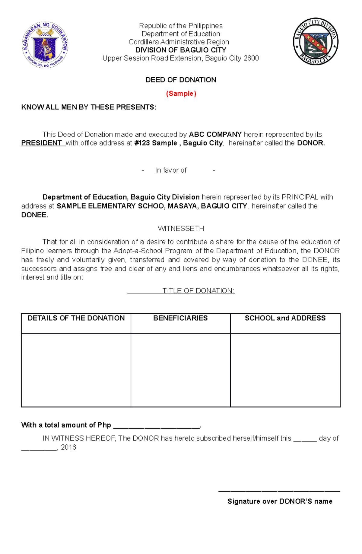 Sample Deedof Donation - Republic of the Philippines Department of ...