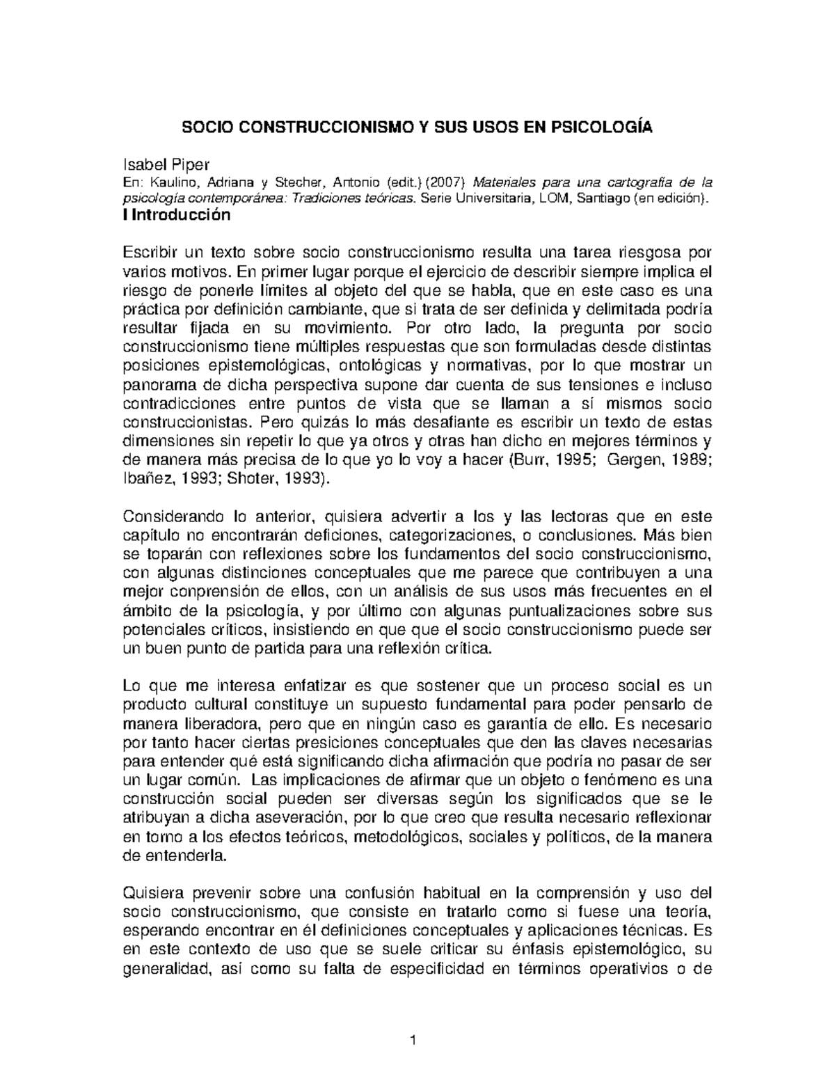 Isabel Piper socio construccionismo - SOCIO CONSTRUCCIONISMO Y SUS USOS ...