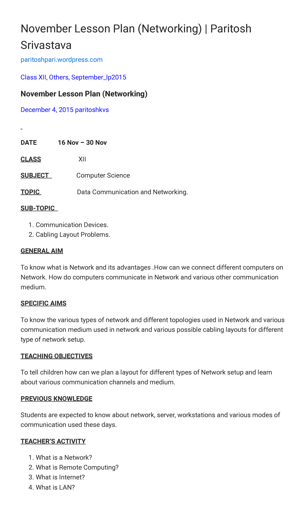 November Lesson Plan (Networking) Paritosh Srivastava - November Lesson ...