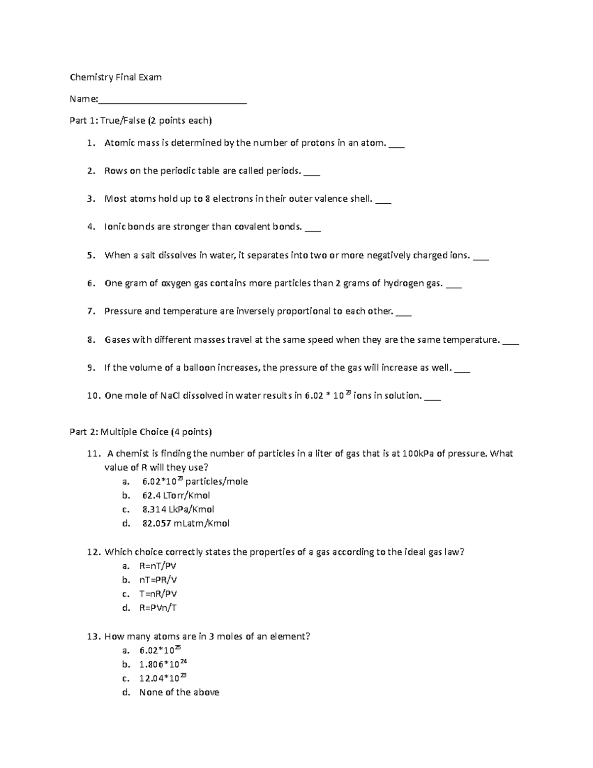 Chemistry Final Exam - Practice exam given in previous years. - Studocu