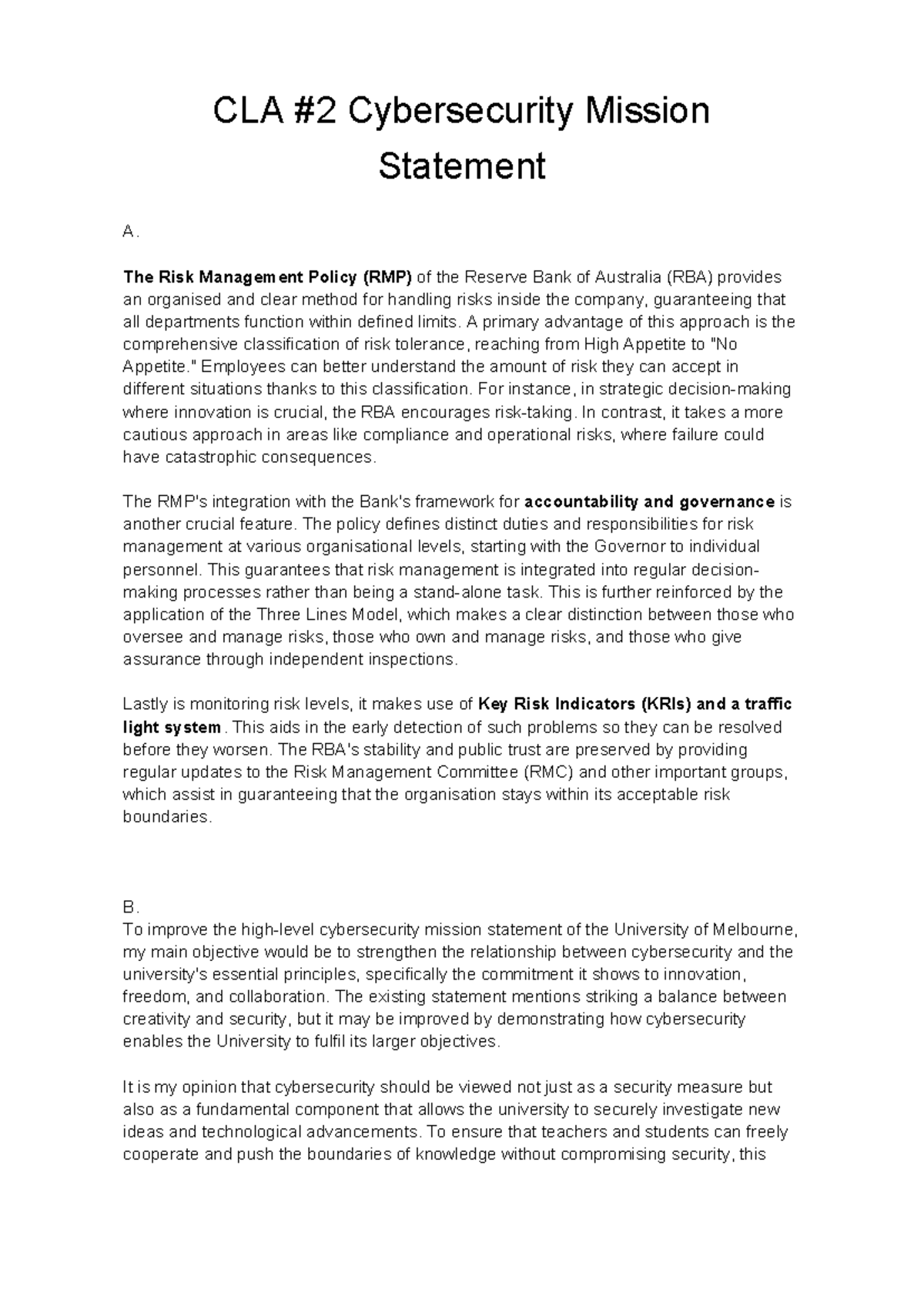 Cla task 2 - math - CLA #2 Cybersecurity Mission Statement A. The Risk ...