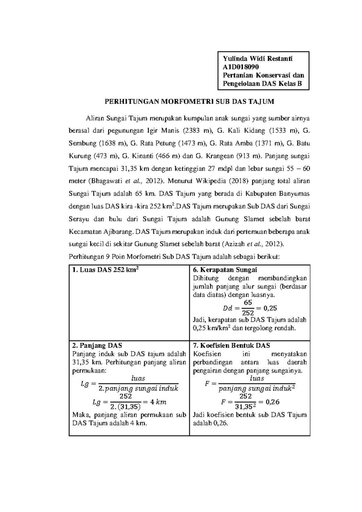 Morfometri DAS Tajum - PERHITUNGAN MORFOMETRI SUB DAS TAJUM Aliran ...