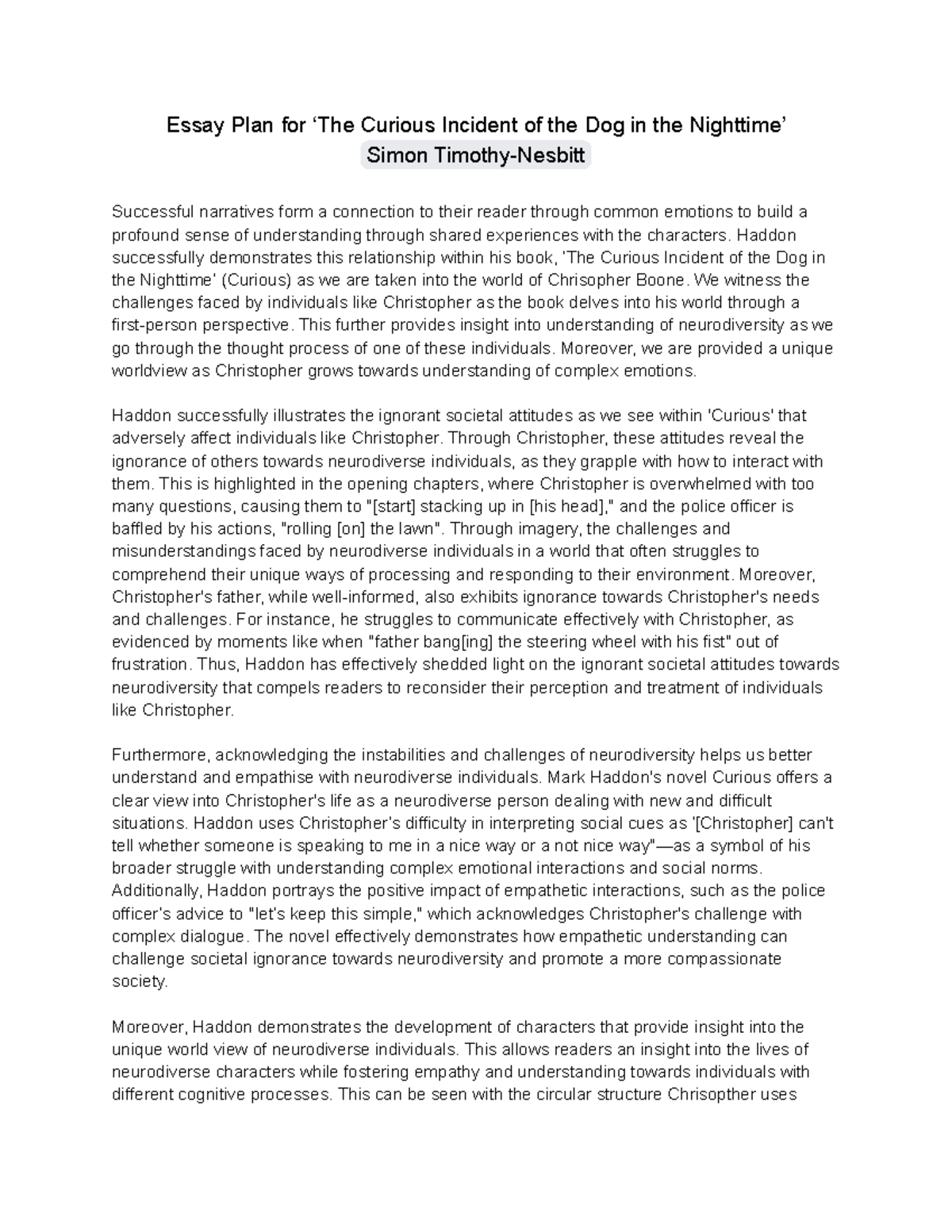 Essay Plan for ‘The Curious Incident of the Dog in the Nighttime ...