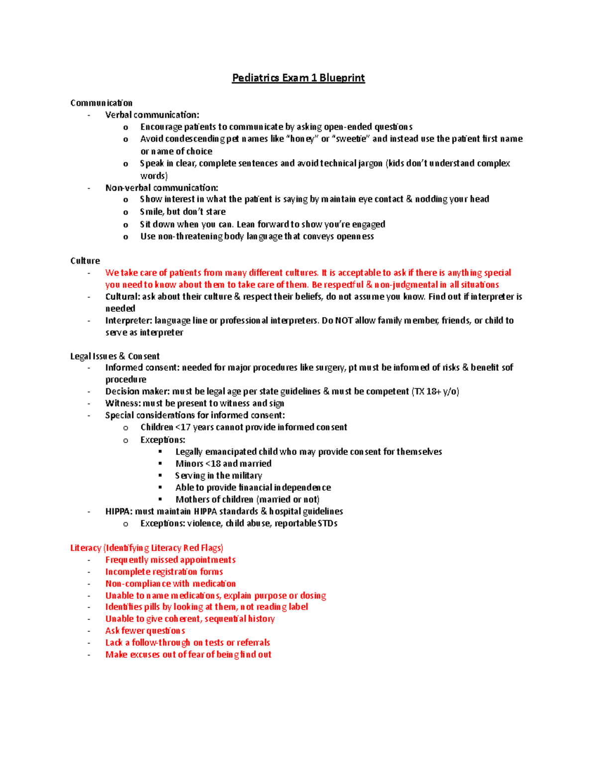 Pedi exam 1 blueprint - Notes - Pediatrics Exam 1 Blueprint ...