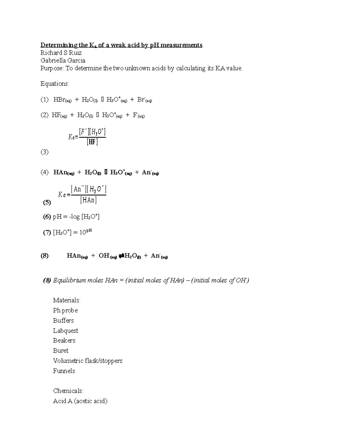 Unknown acid lab CHM 2046 - Determining the Ka of a weak acid by pH ...