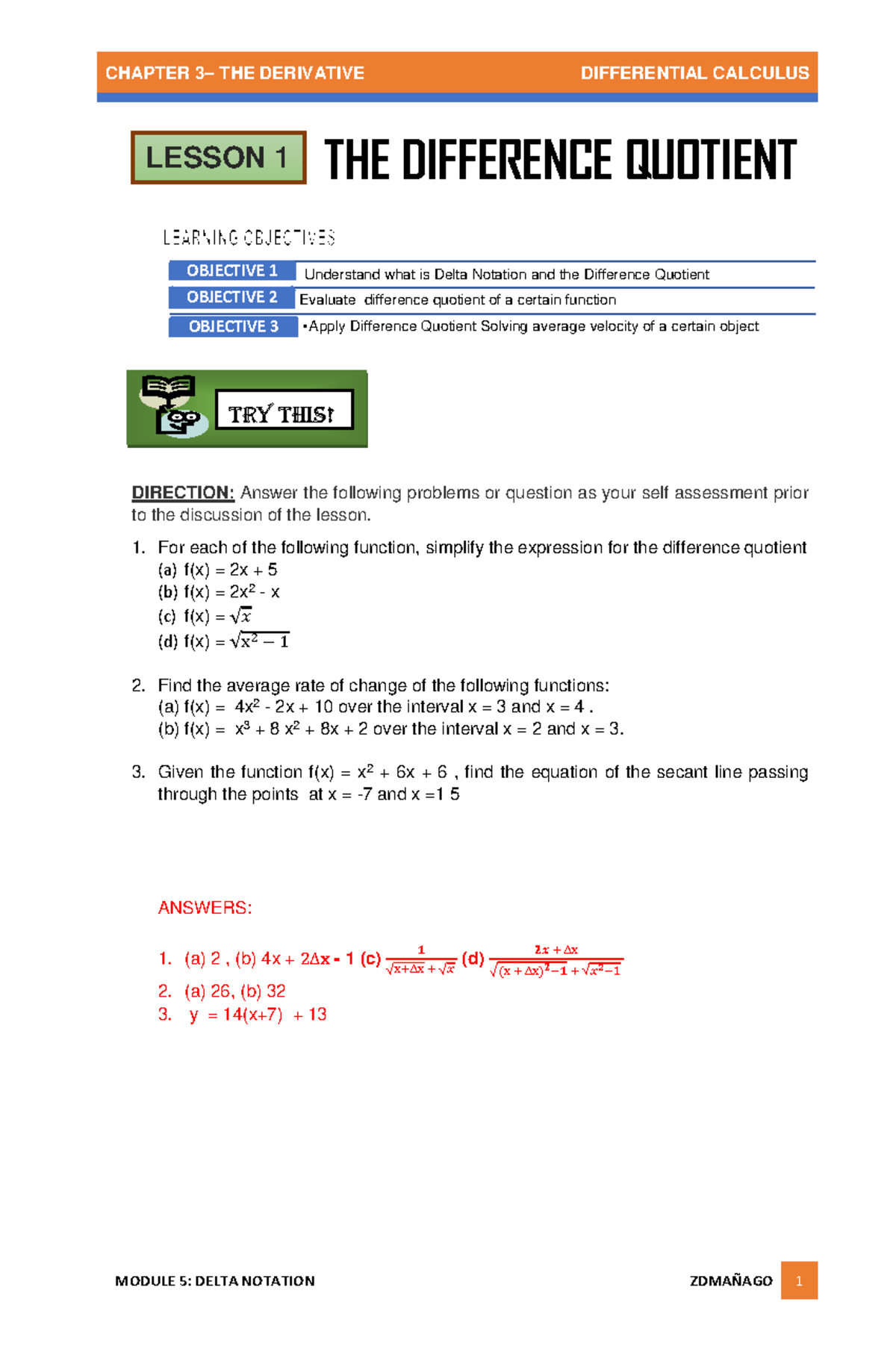 Module 5 - Difference Quotient - DIRECTION: Answer the following ...