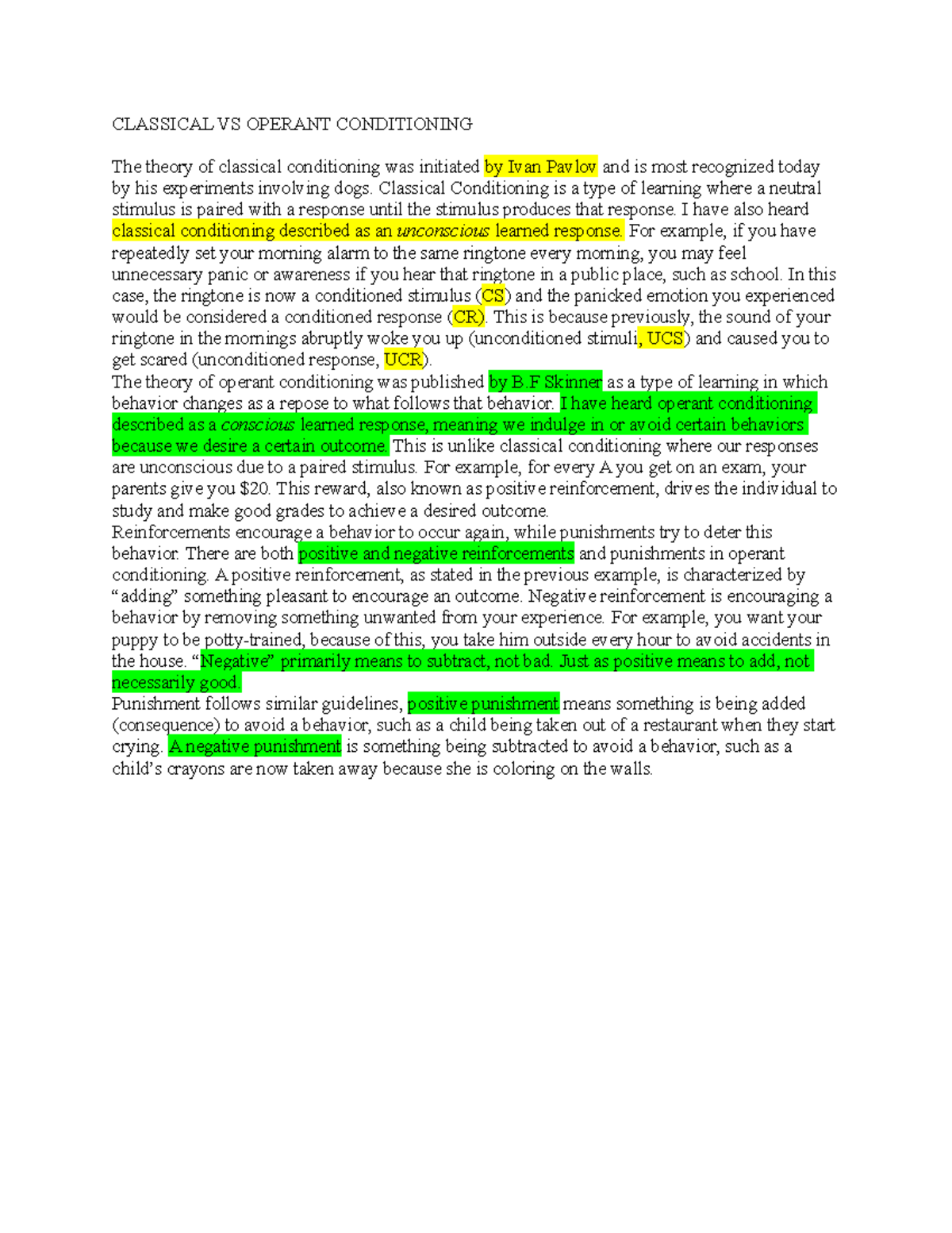 3315 Discussion - CLASSICAL VS OPERANT CONDITIONING The theory of ...