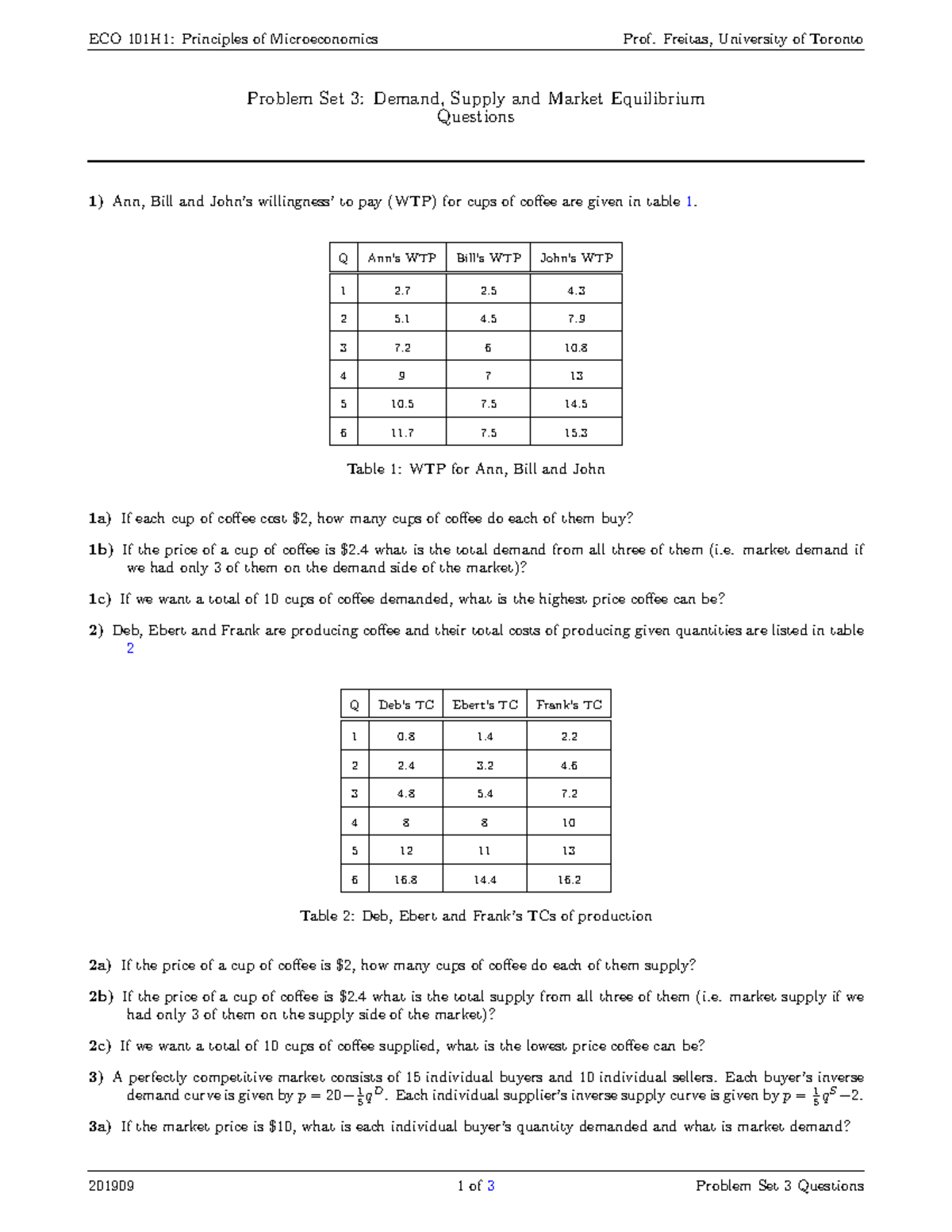 ECO101 Problem Set 3 Questions Demand Supply and Market Equilibrium - ECO 101H1: Principles of ...
