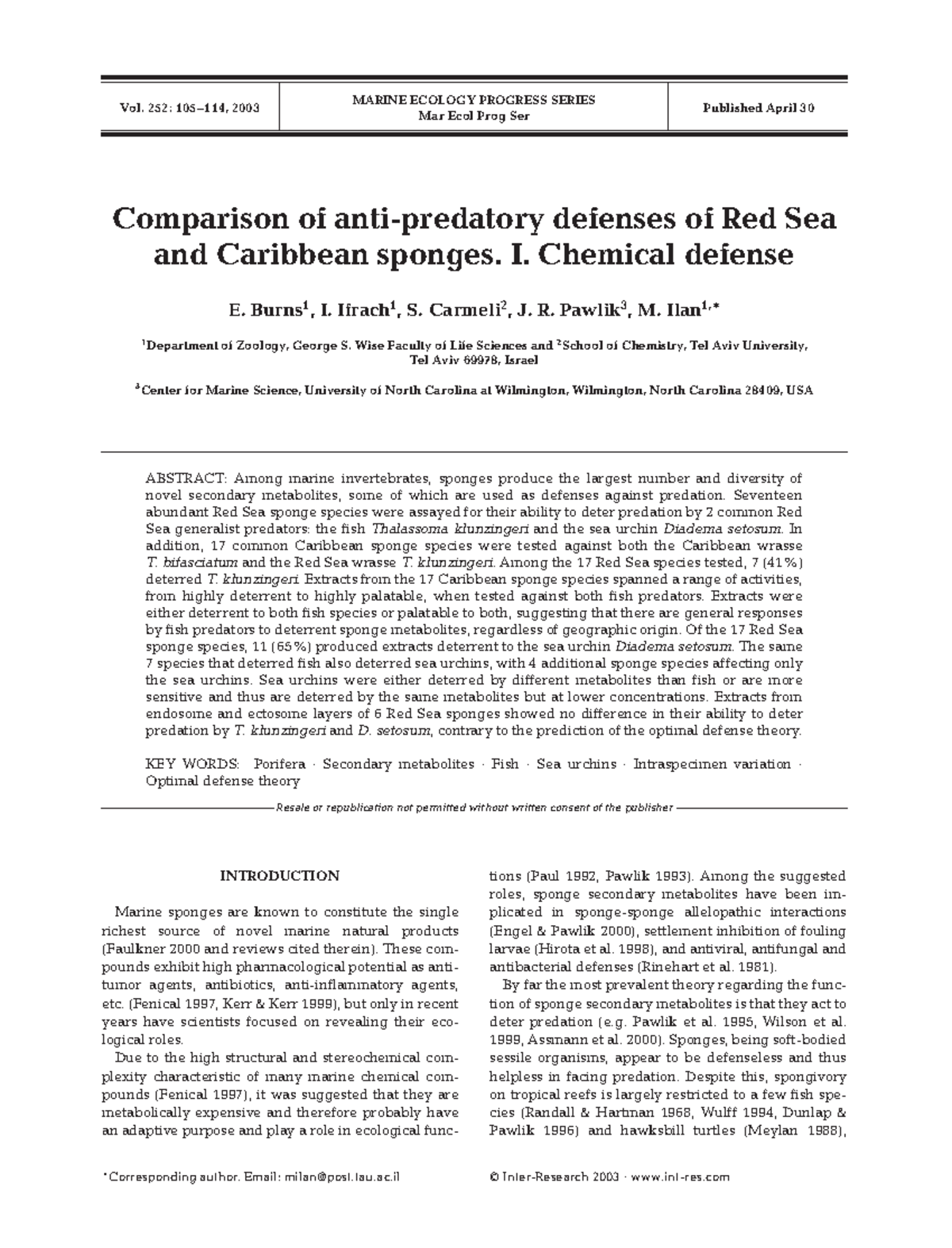 Comparison of anti-predatory defenses of Red Sea and caribbean sponges ...