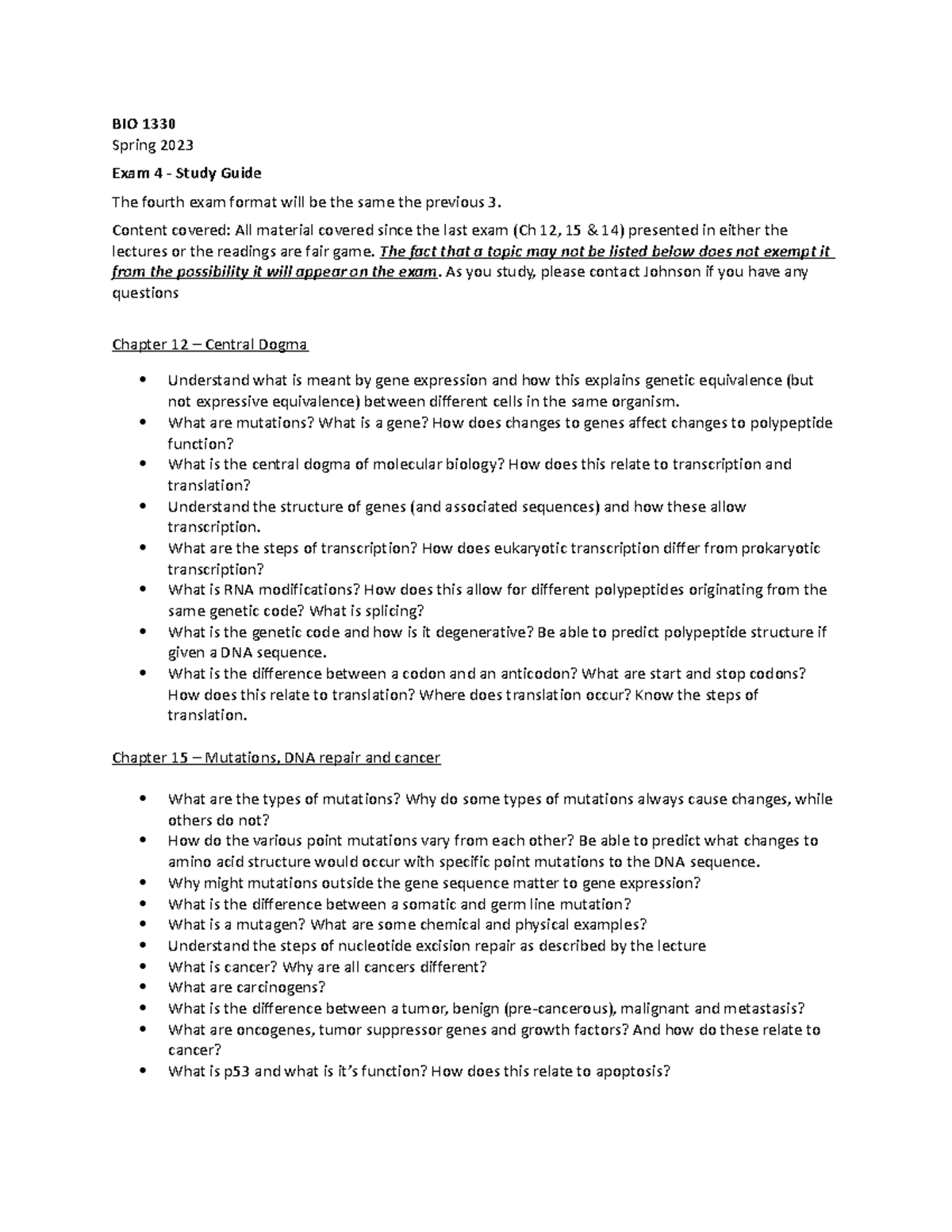 BIO 1330 Exam4Review Spring 2023 - BIO 1330 Spring 2023 Exam 4 - Study ...