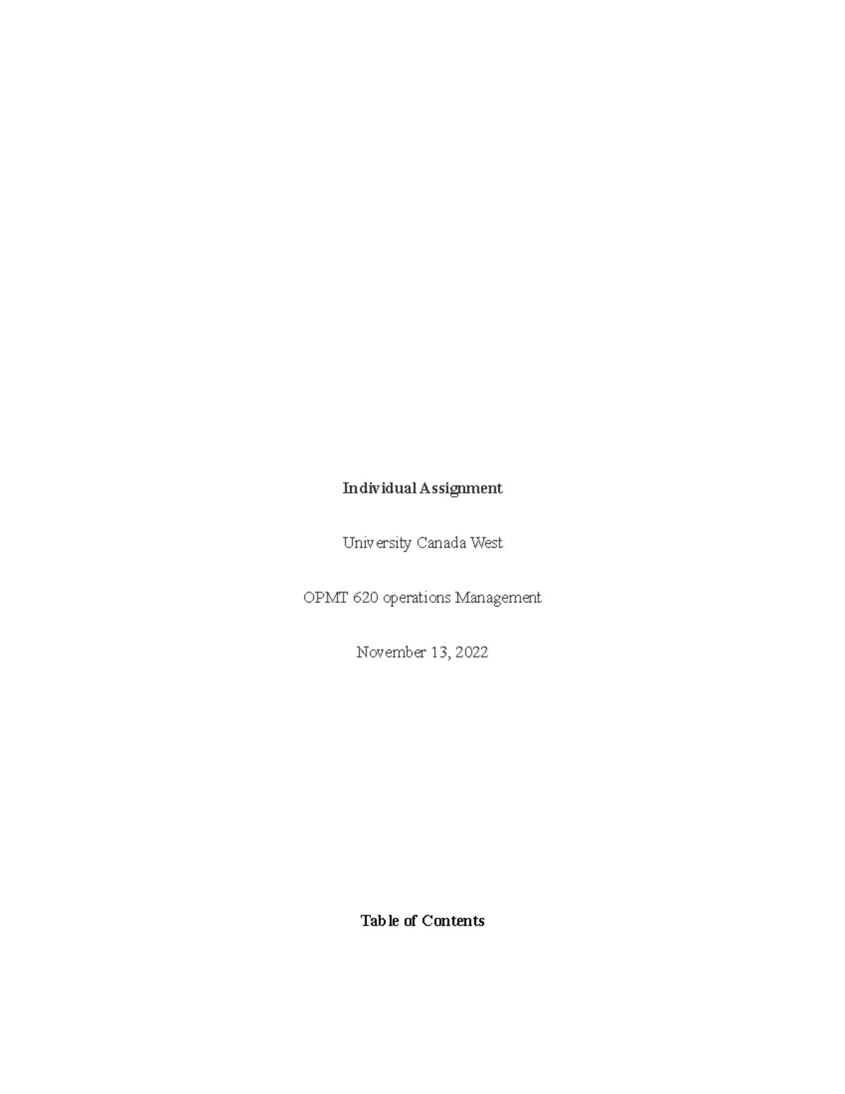 Individual Assignment OPMT620 - Individual Assignment University Canada West OPMT 620 operations ...