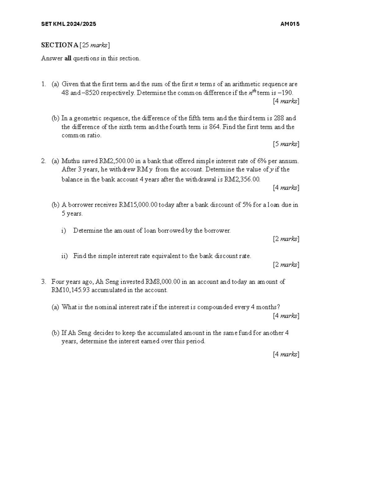 SET KML Soalan - Latih tubi AM015 Sem1 - SECTION A [25 marks] Answer ...