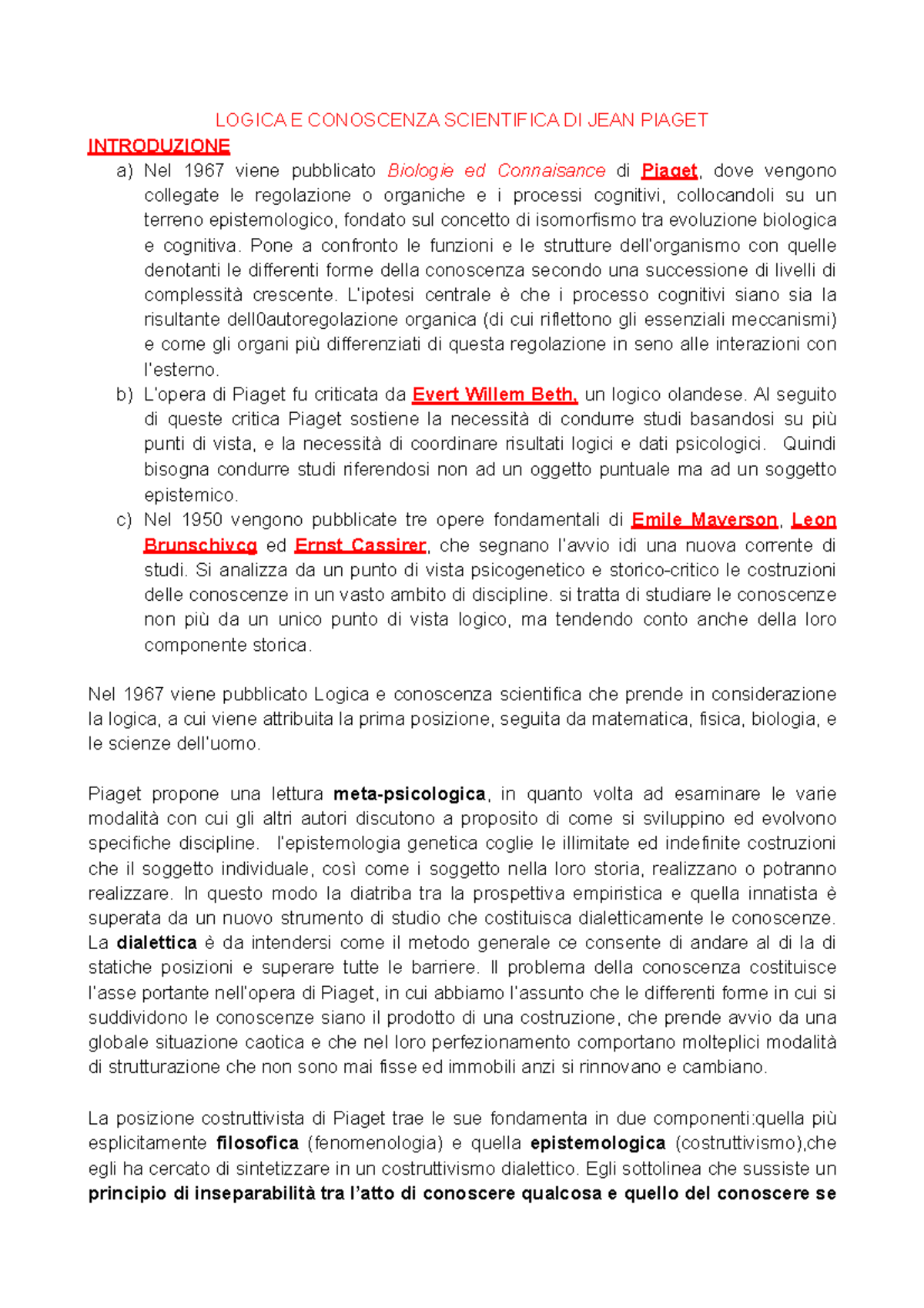 Riassunto logica e conoscenza scientifica di piaget - LOGICA E ...
