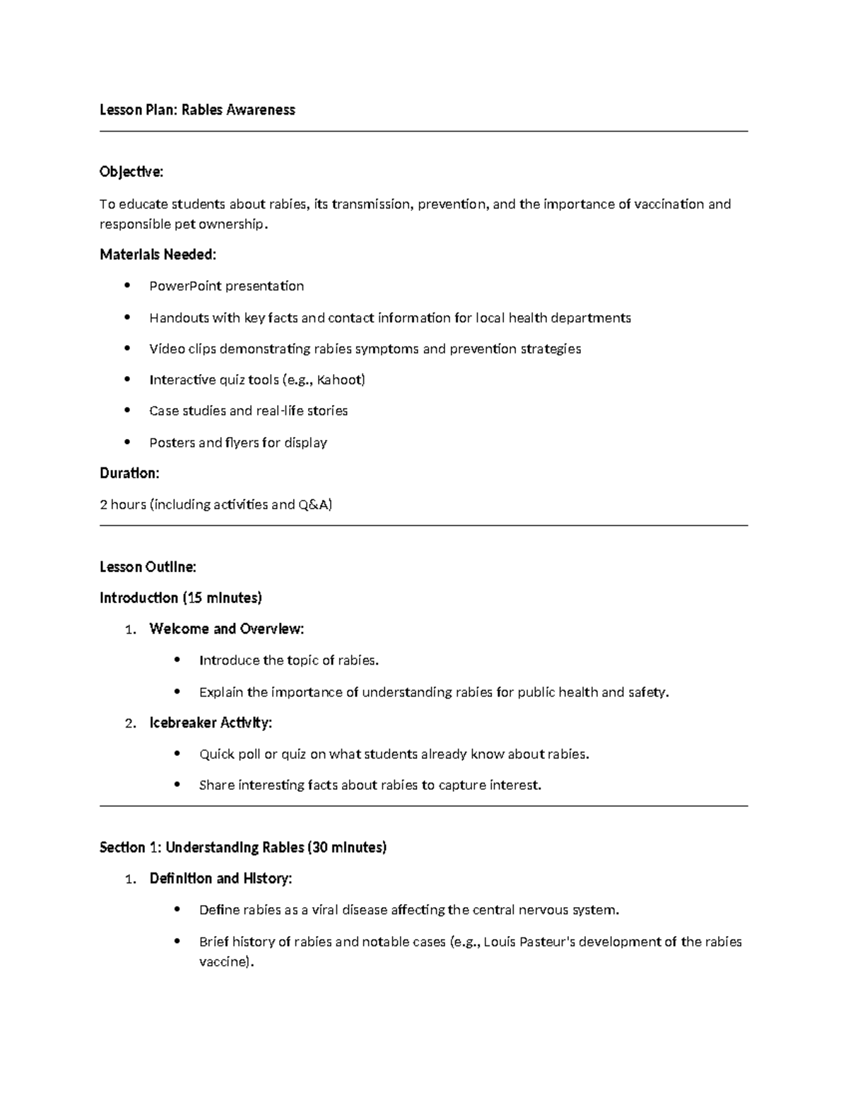 Rabies - asd df - Lesson Plan: Rabies Awareness Objective: To educate ...