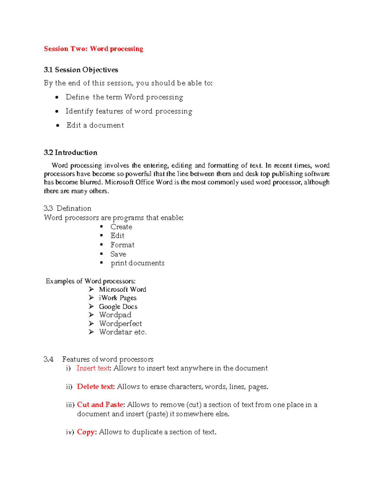 2. computer applications word processing - Session Two: Word processing ...