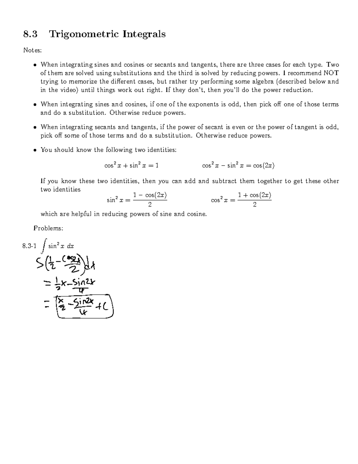Trig integrals - notes - 8 Trigonometric Integrals Notes: - When ...