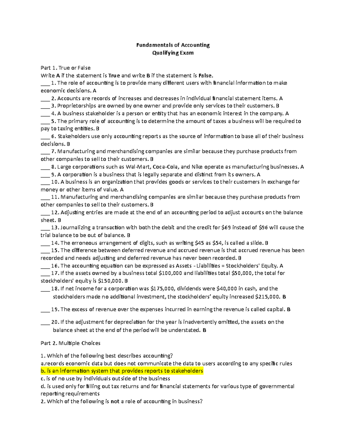 Qualifying Exam - Fundamentals of Accounting Qualifying Exam Part 1 ...