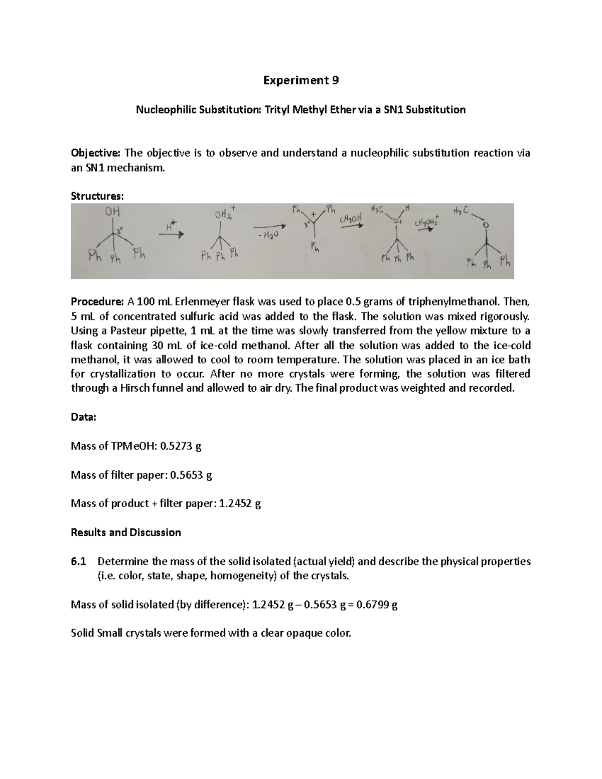 SN1 Trityl Mether Ether Exp 9 - Experiment 9 Nucleophilic Substitution ...