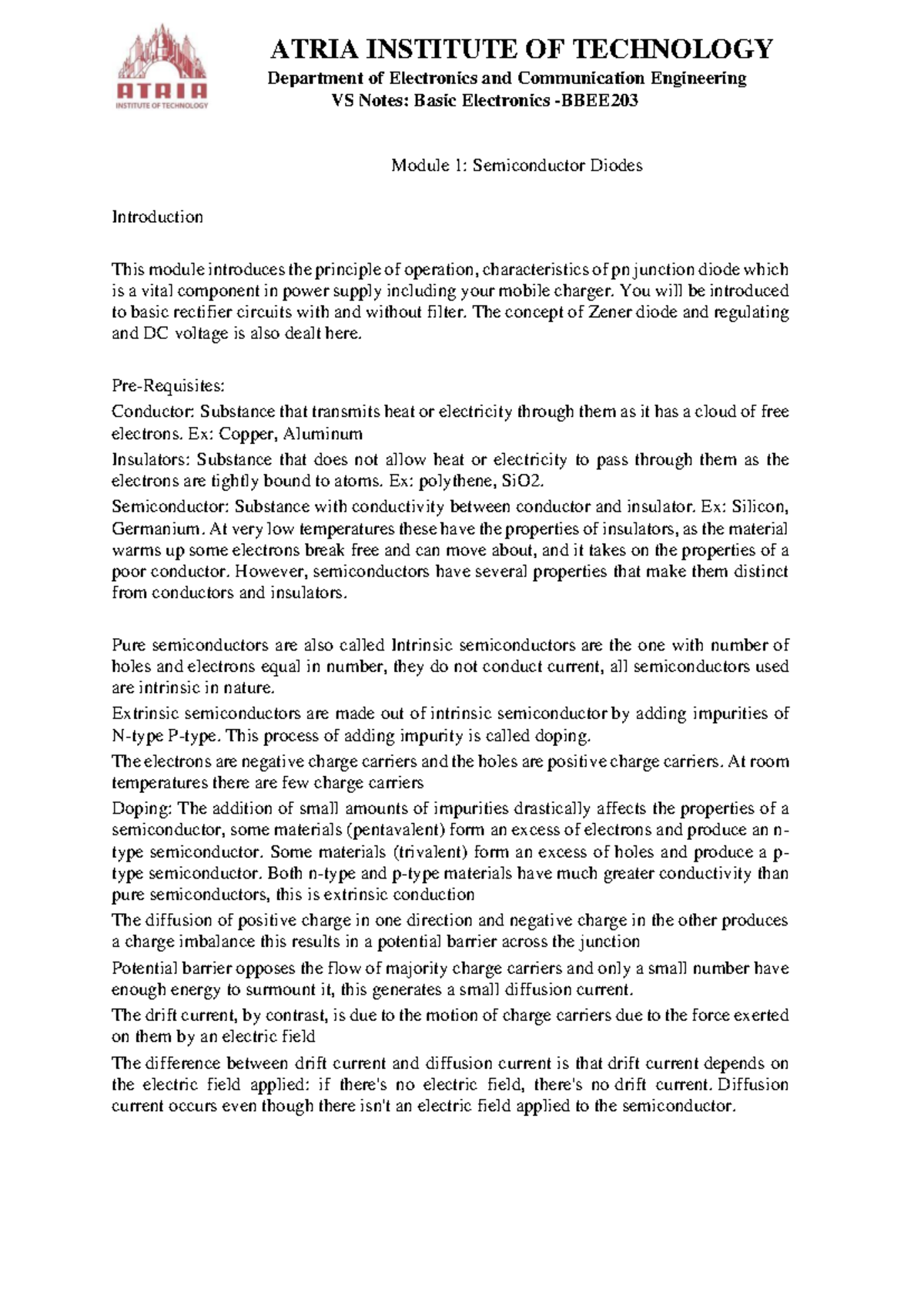 VS BBEE203 Module 1 pn junction Diode and Rectifiers - Department of Electronics and ...