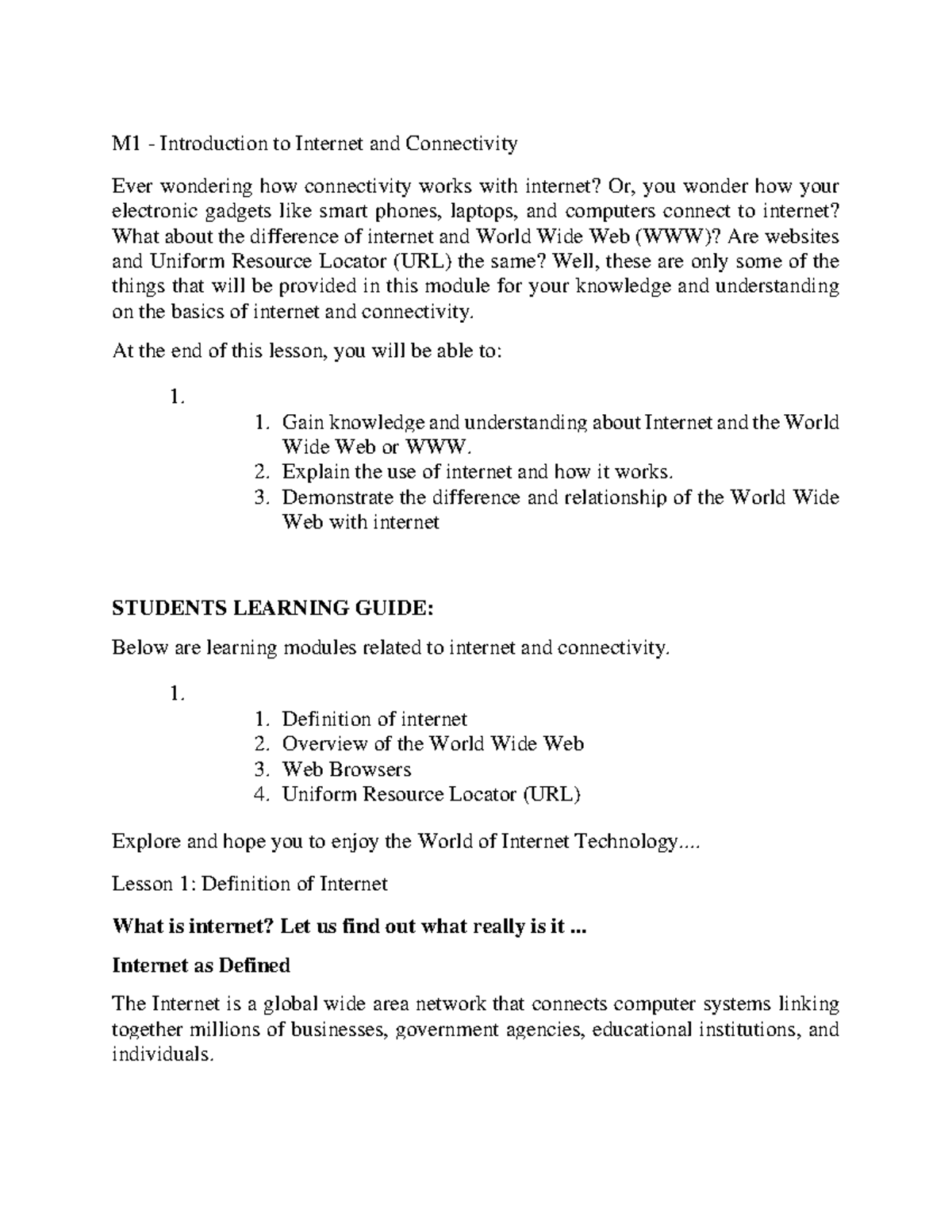 Lessons Module 1 and 2 - M1 - Introduction to Internet and Connectivity ...